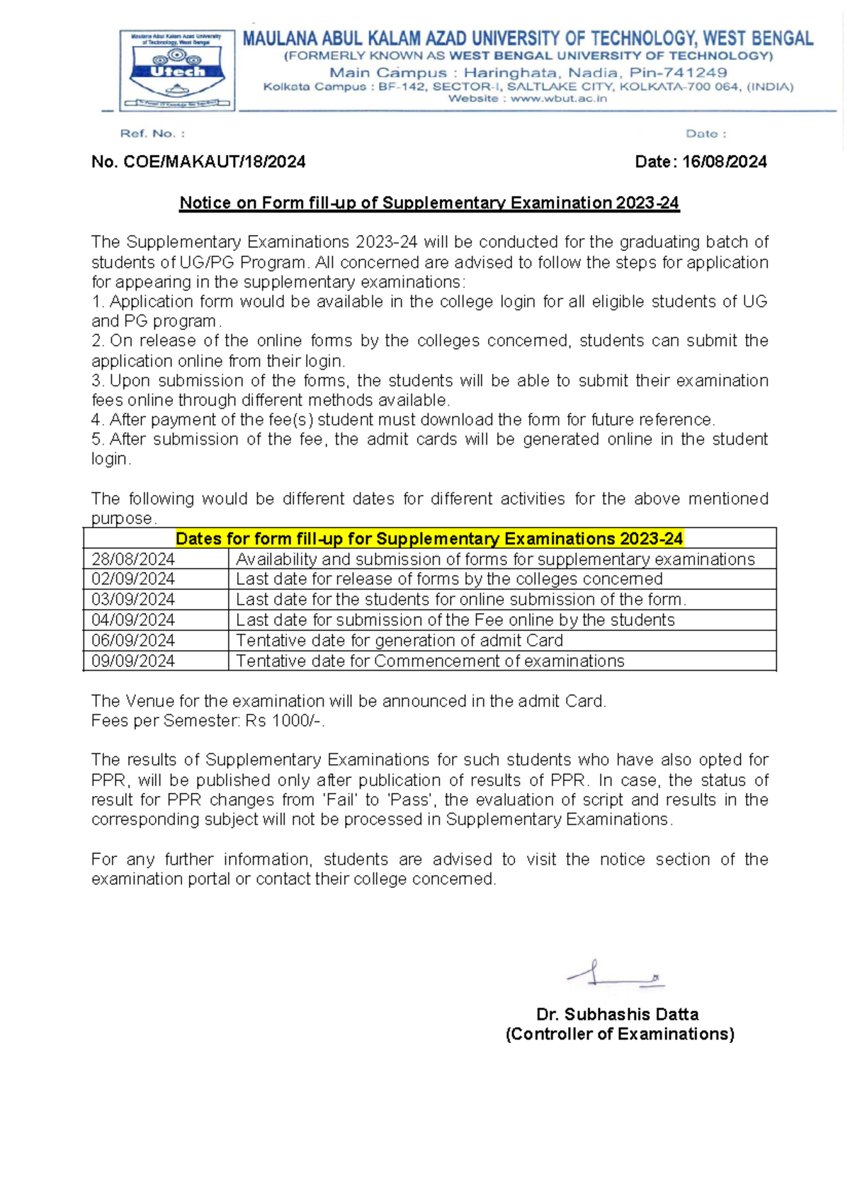 5096 1724157132 - Notice college makaut - No. COE/MAKAUT/18/2024 Date ...
