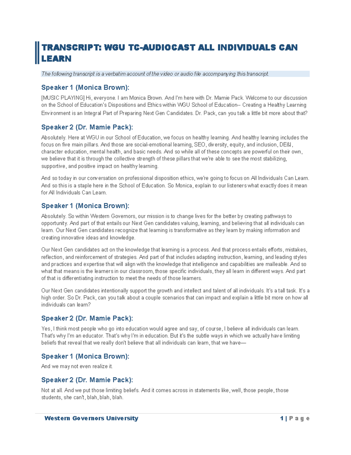 Audiocast transcript all individuals can learn - TRANSCRIPT: WGU TC ...