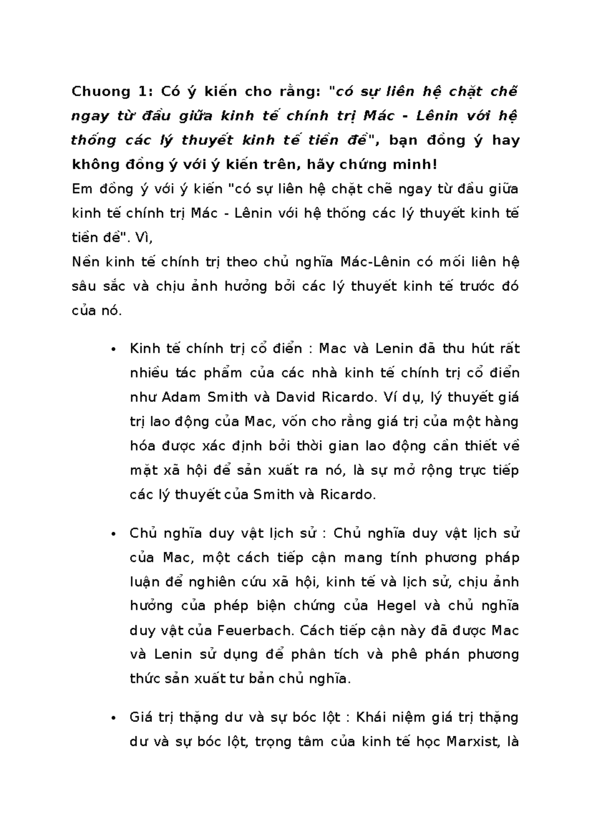 KTCT-MacLenin_bài thảo luận chương(1-6) - Chuong 1: Có ý kiến cho rằng: "có sự liên hệ chặt chẽ ...