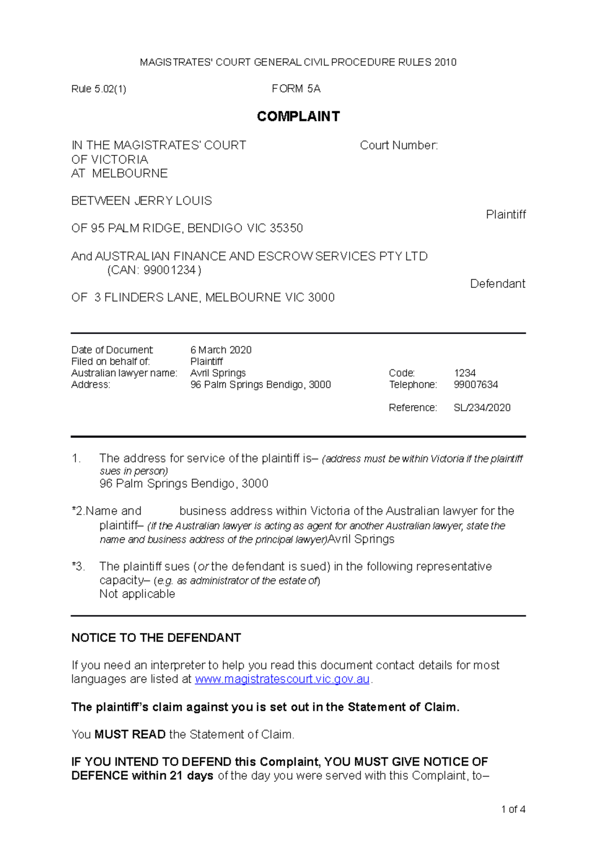 Sulafa Rizgalla - Assessment 2B-MCV Complaint Form 5A - MAGISTRATES ...