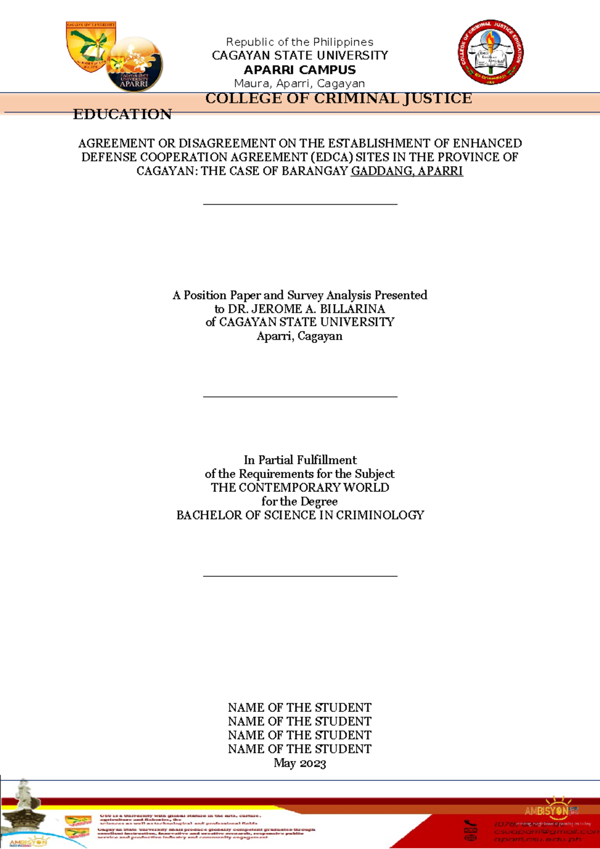 Position-Paper-Template - Republic of the Philippines CAGAYAN STATE ...
