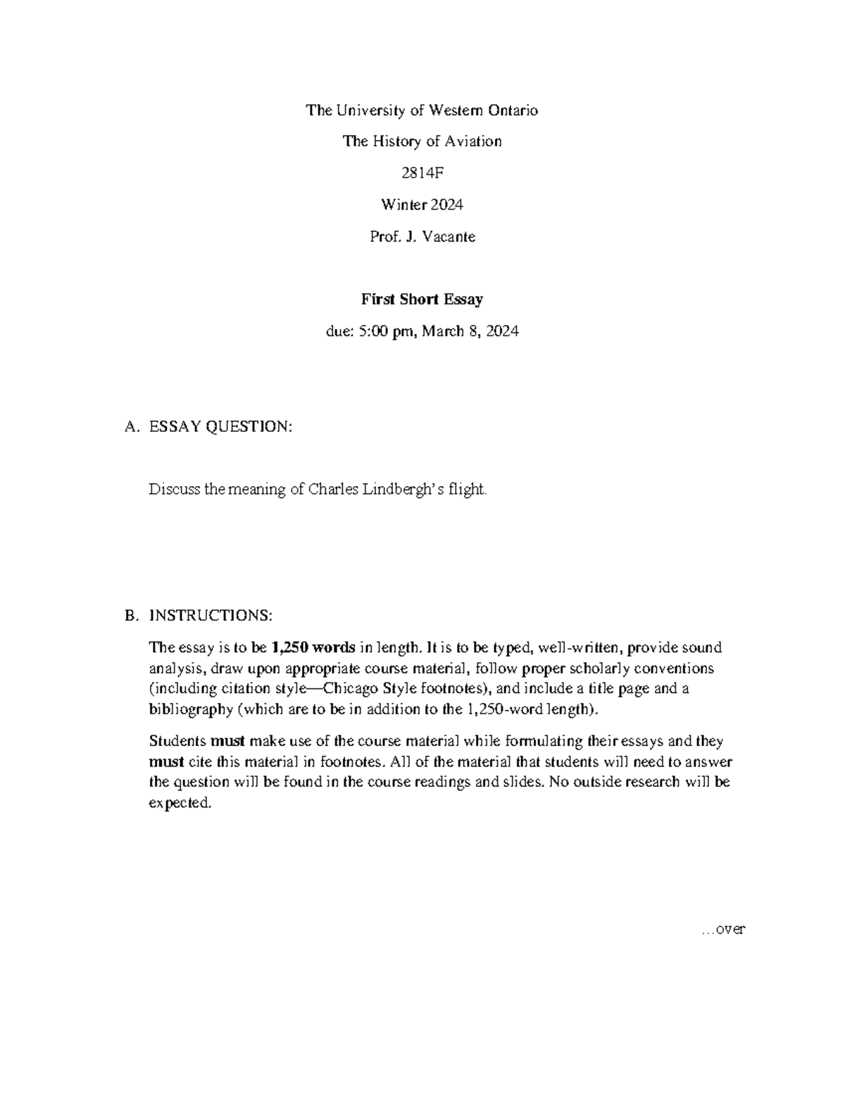Instructions for the First essay assignment - The University of Western ...