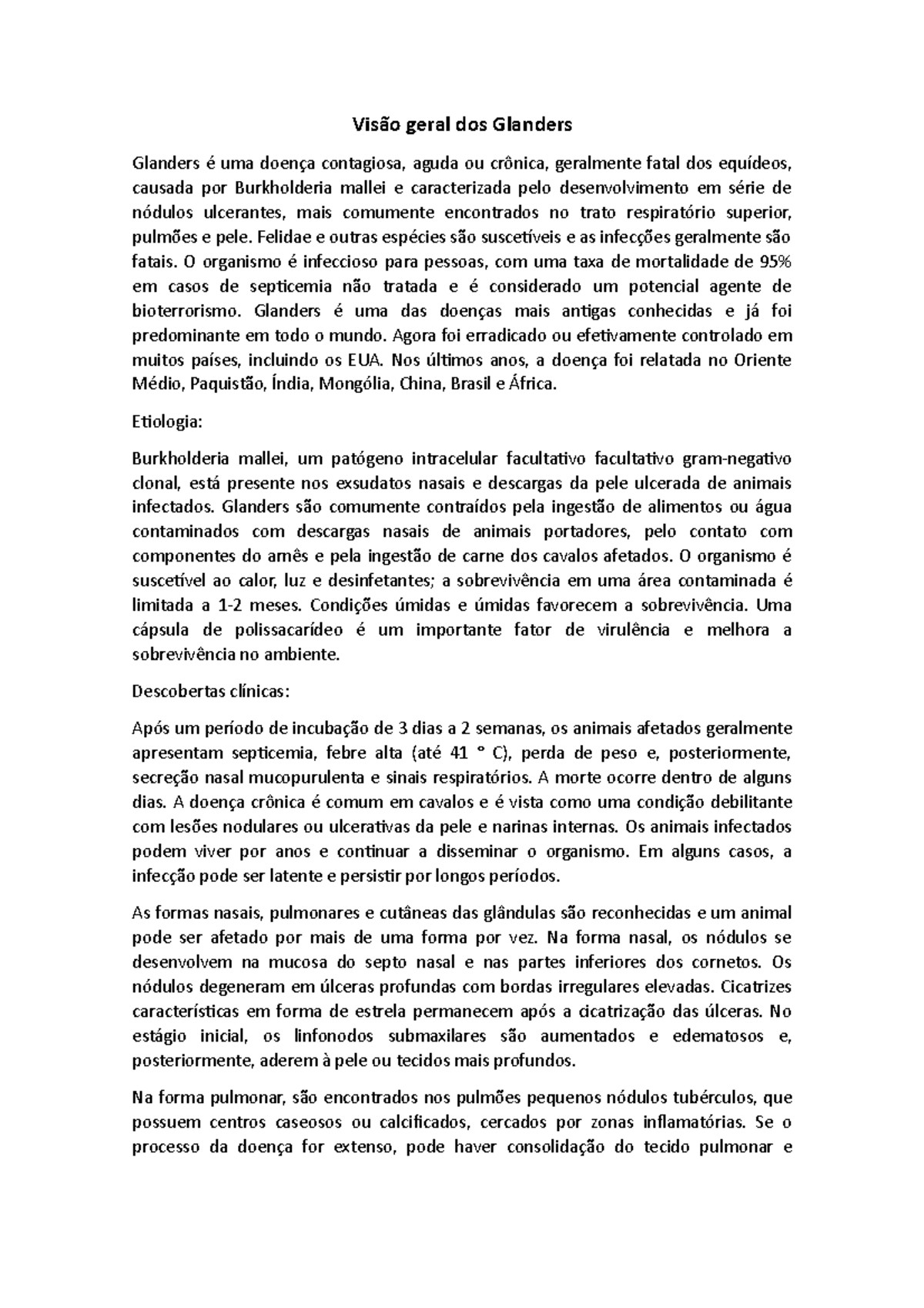 Visão geral dos Glanders - Visão geral dos Glanders Glanders é uma ...