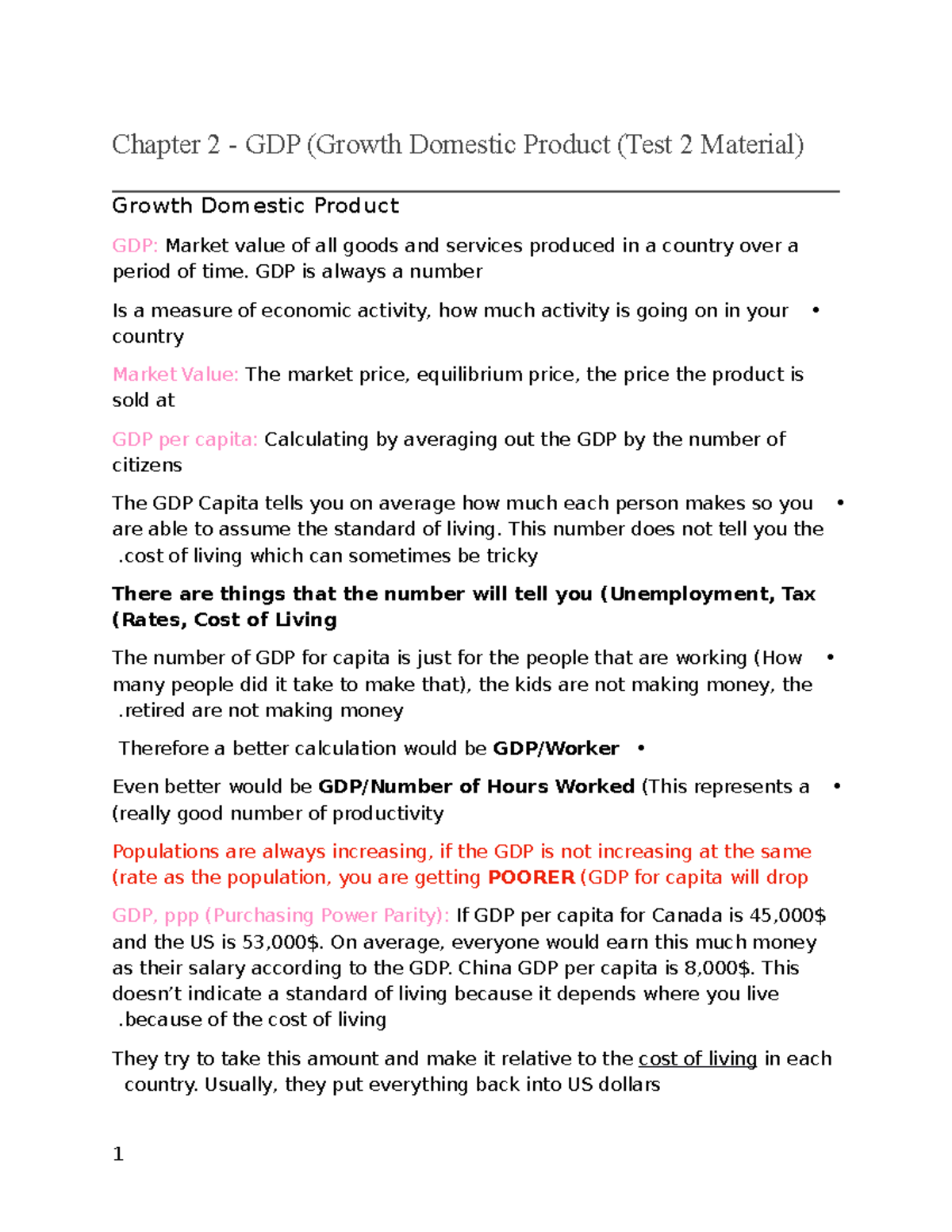 GDP Economics Notes - Profesor Michel mayer - Chapter 2 - GDP (Growth ...