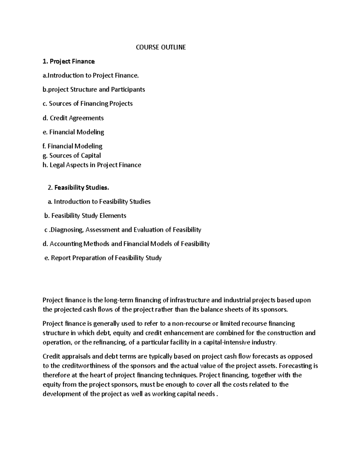 Project finance lecture notes for the year 2021 - COURSE OUTLINE 1 ...