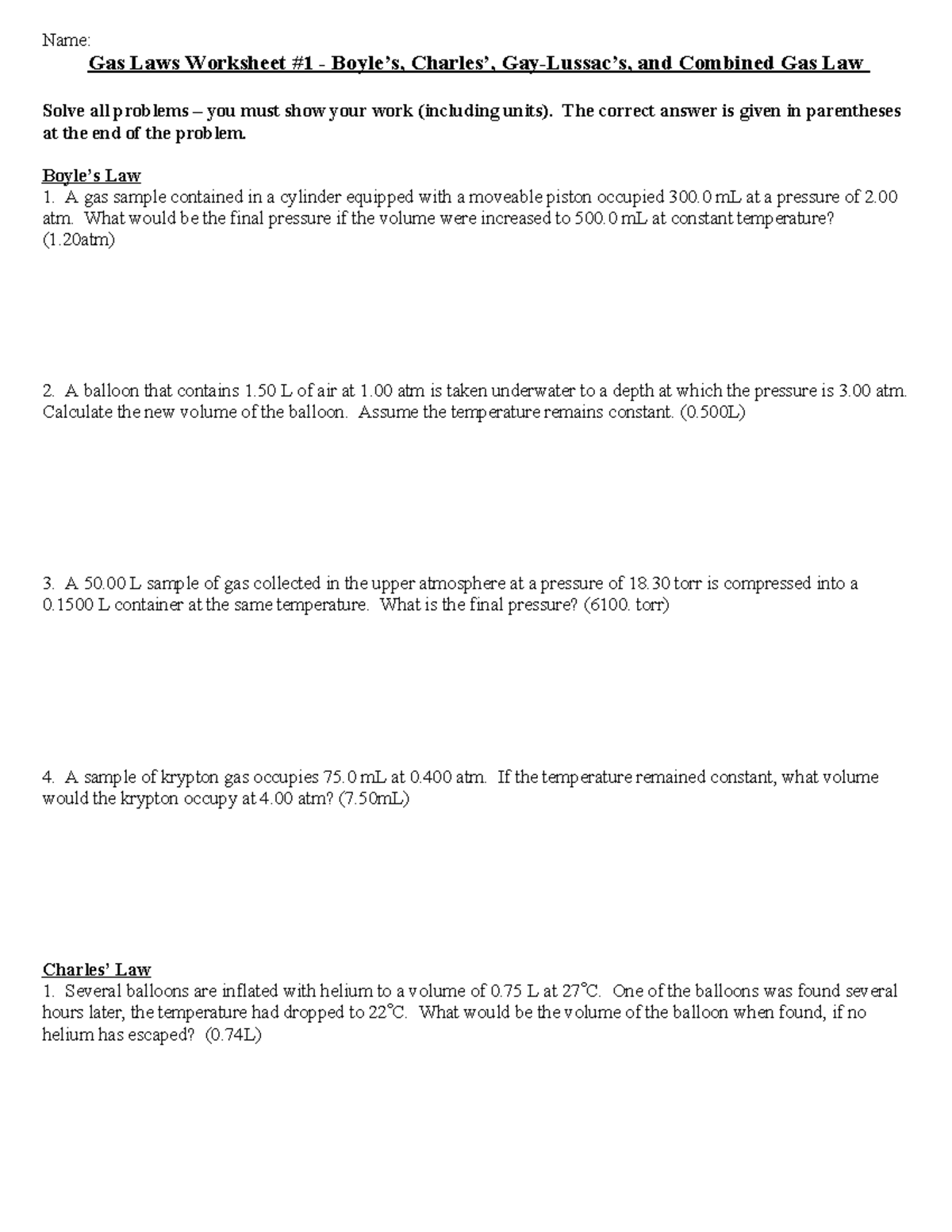 Margie Packet SLG WS123TR 2014 core - Name: Gas Laws Worksheet #1 ...