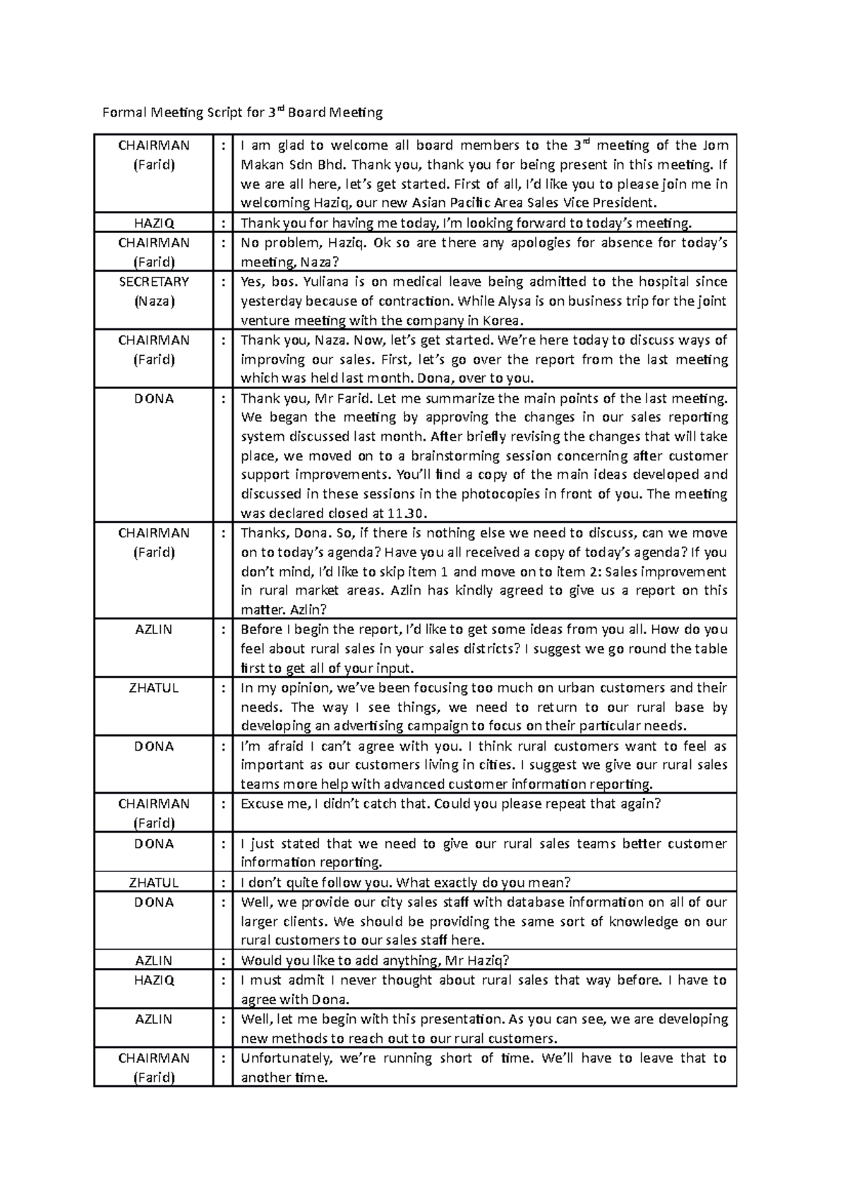 Mock Meeting Script For Financial PERINGKAT