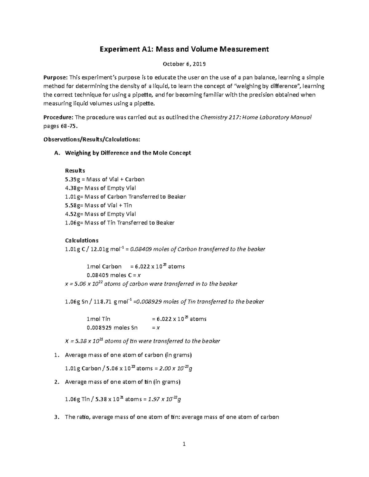 Experiment A1 - Lab Report - Experiment A1: Mass and Volume Measurement ...