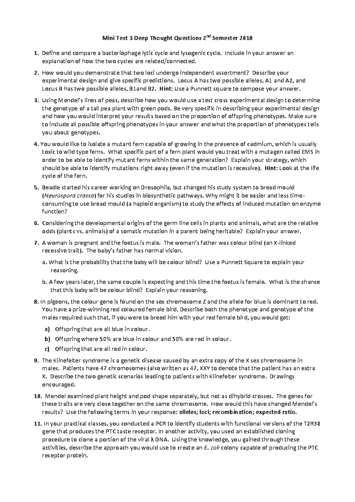 Test 3 October 2018, questions - Mini Test 3 Deep Thought Questions 2nd ...