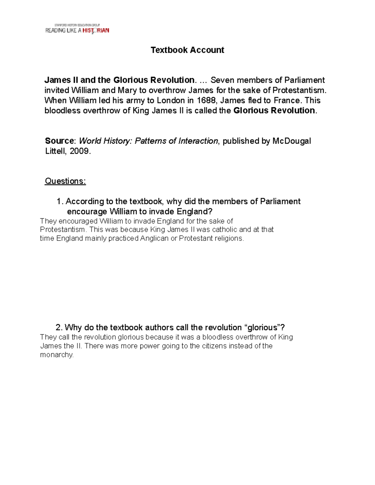 Glorious Revolution Worksheet - Textbook Account James II and the ...