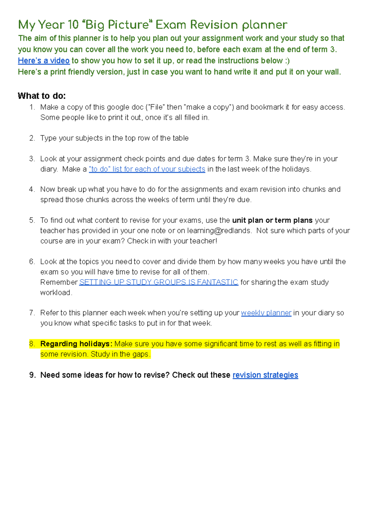 Print friendly 2021 Year 10 Big Picture revision planner - My Year 10 ...