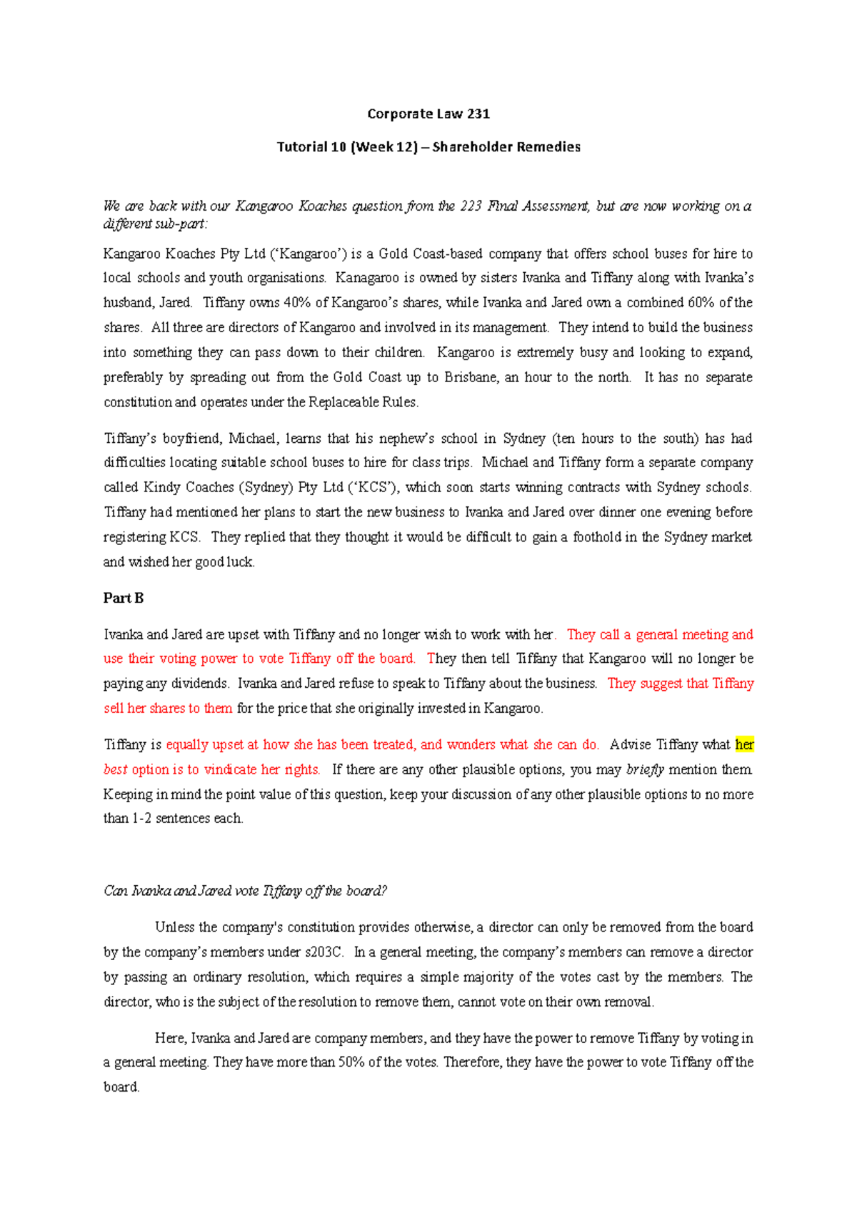 Corporate Law Tutorial 10 (Week 12) - Shareholder Remedies - Corporate ...