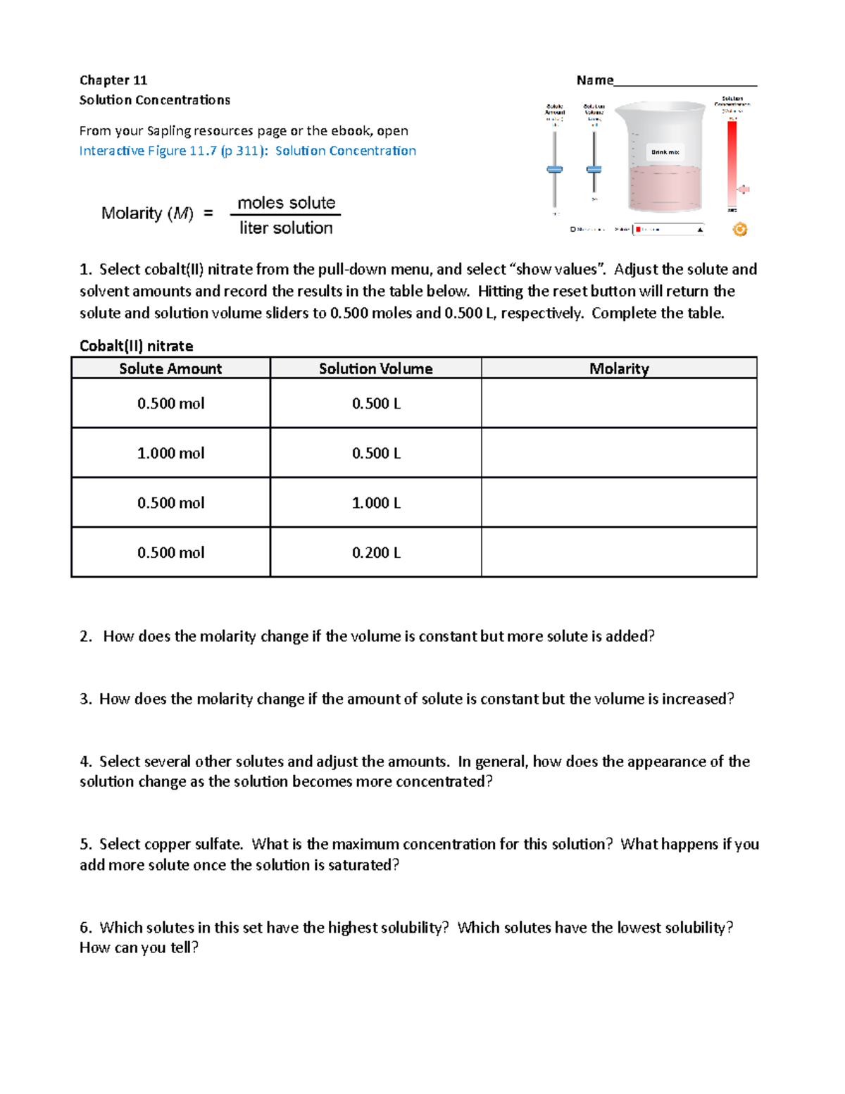 Tutorial 11 - Solution Concentrations - Chapter 11 Name Solution Concentrations From your ...