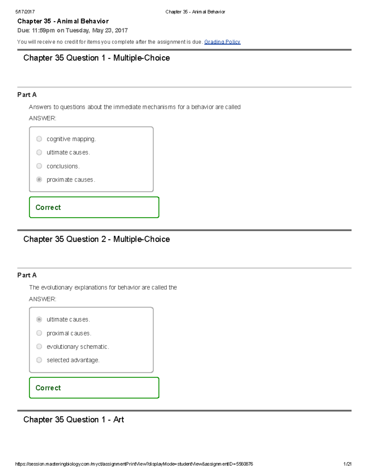 Chapter 35 - Animal Behavior - 5/17/2017 Chapter 35 ­ Animal Behavior ...