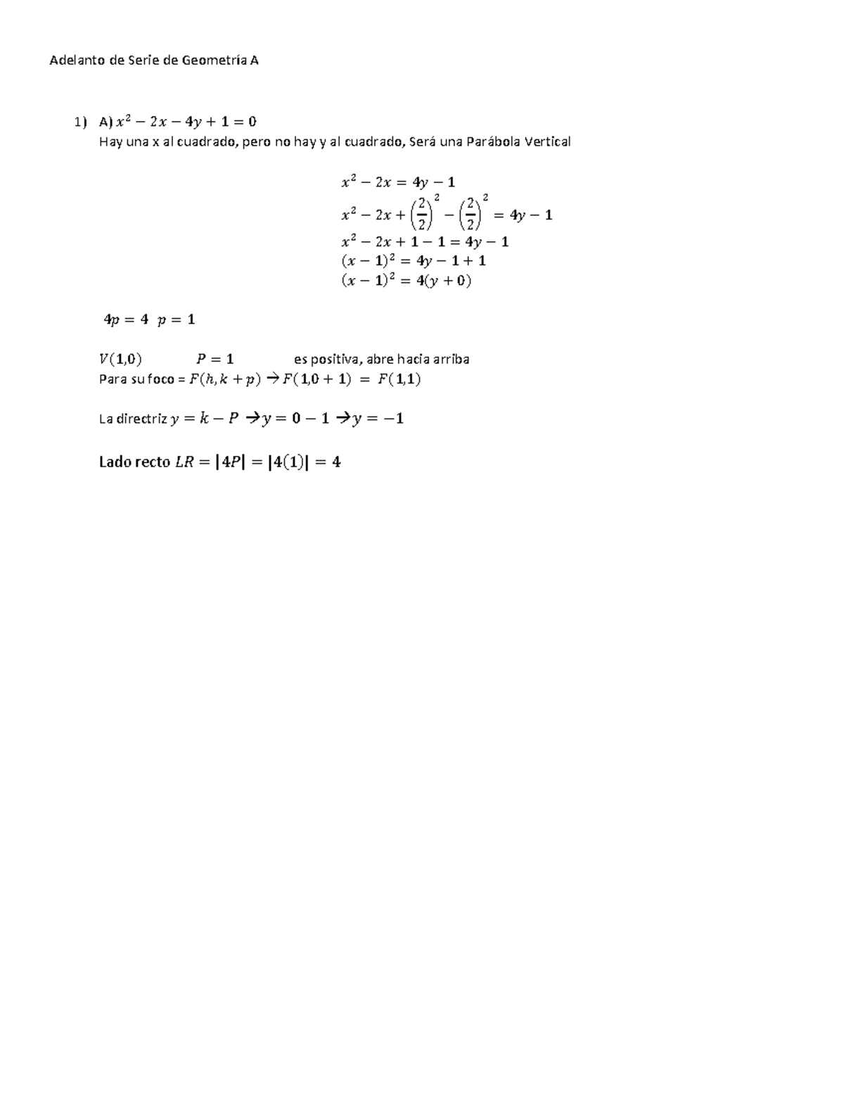 Serie geo - Adelanto de Serie de Geometría A 1) A) 𝑥 2 − 2𝑥 − 4𝑦 + 1 ...