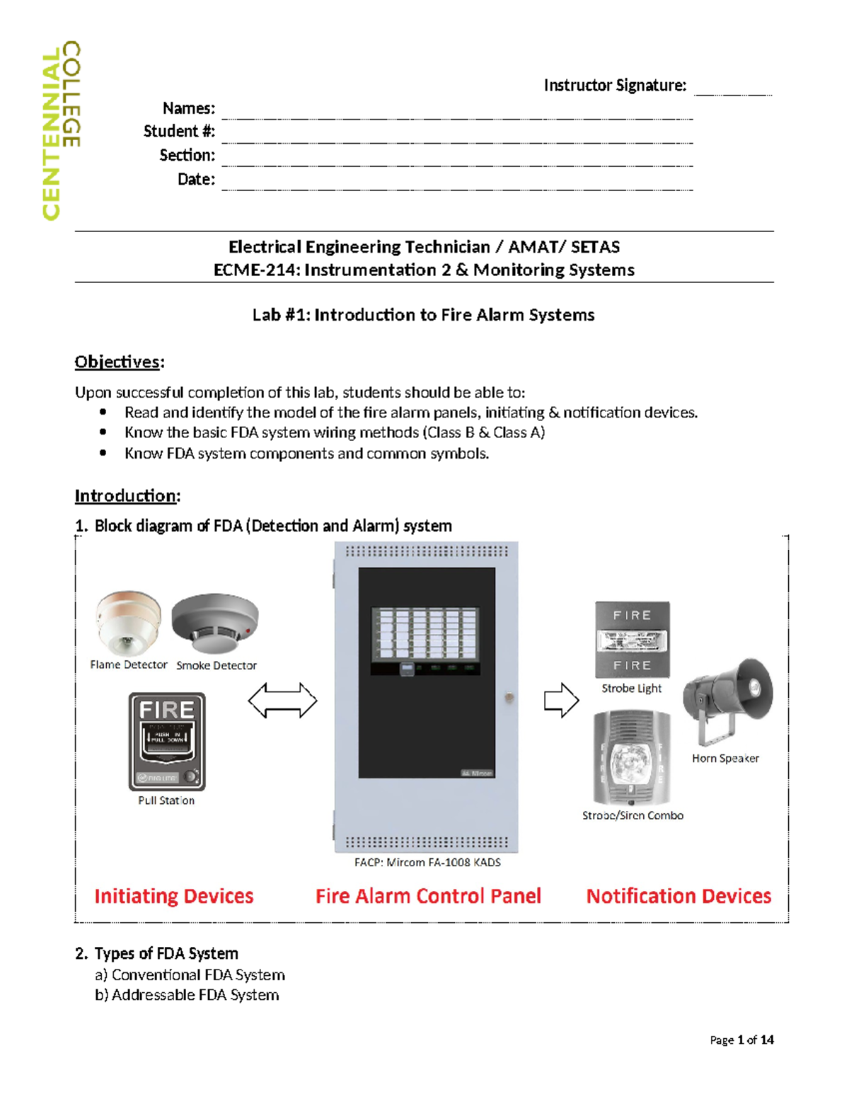 ECME-214 Lab 1 Rev3 - Fire Alarm Systems Introduction - Instructor ...