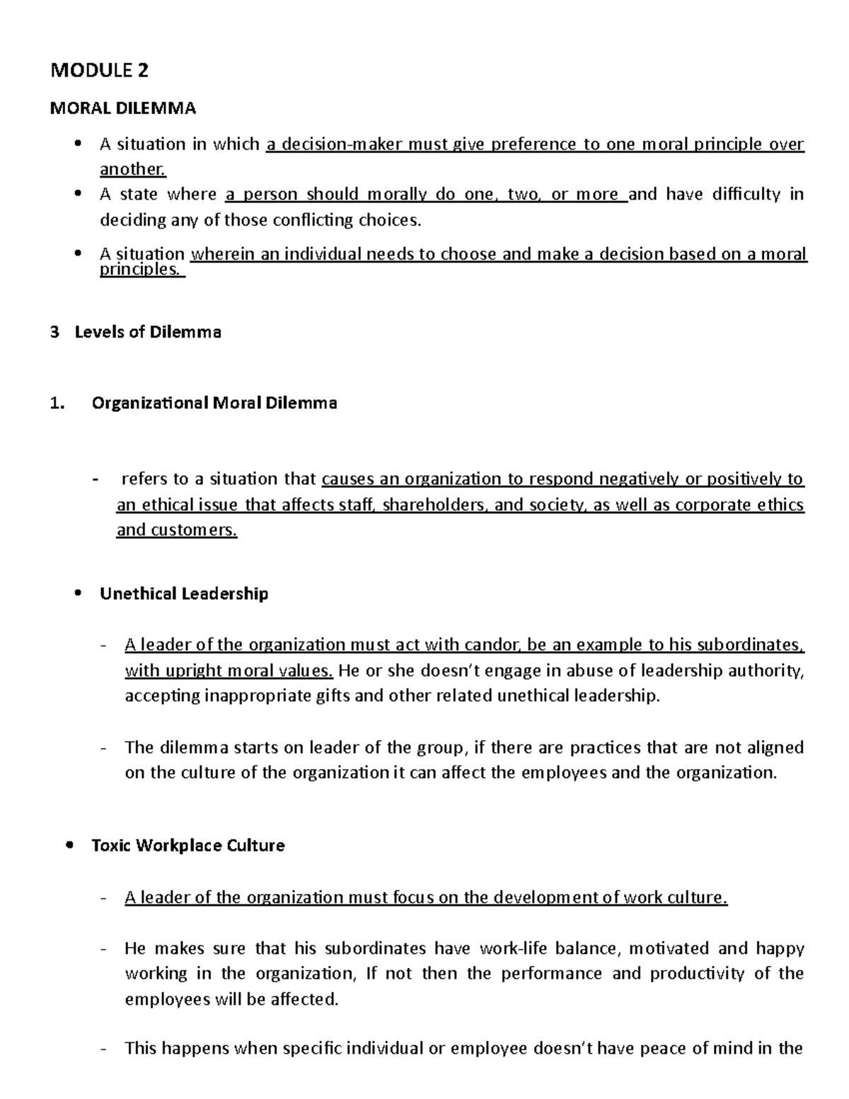 Module 2 - Chapter 2 - notes - MODULE 2 MORAL DILEMMA A situation in ...