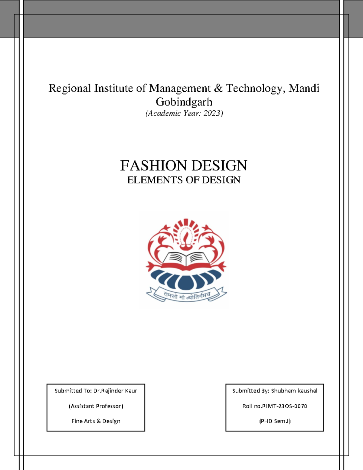 FD Assignment 1 - Regional Institute of Management & Technology, Mandi ...