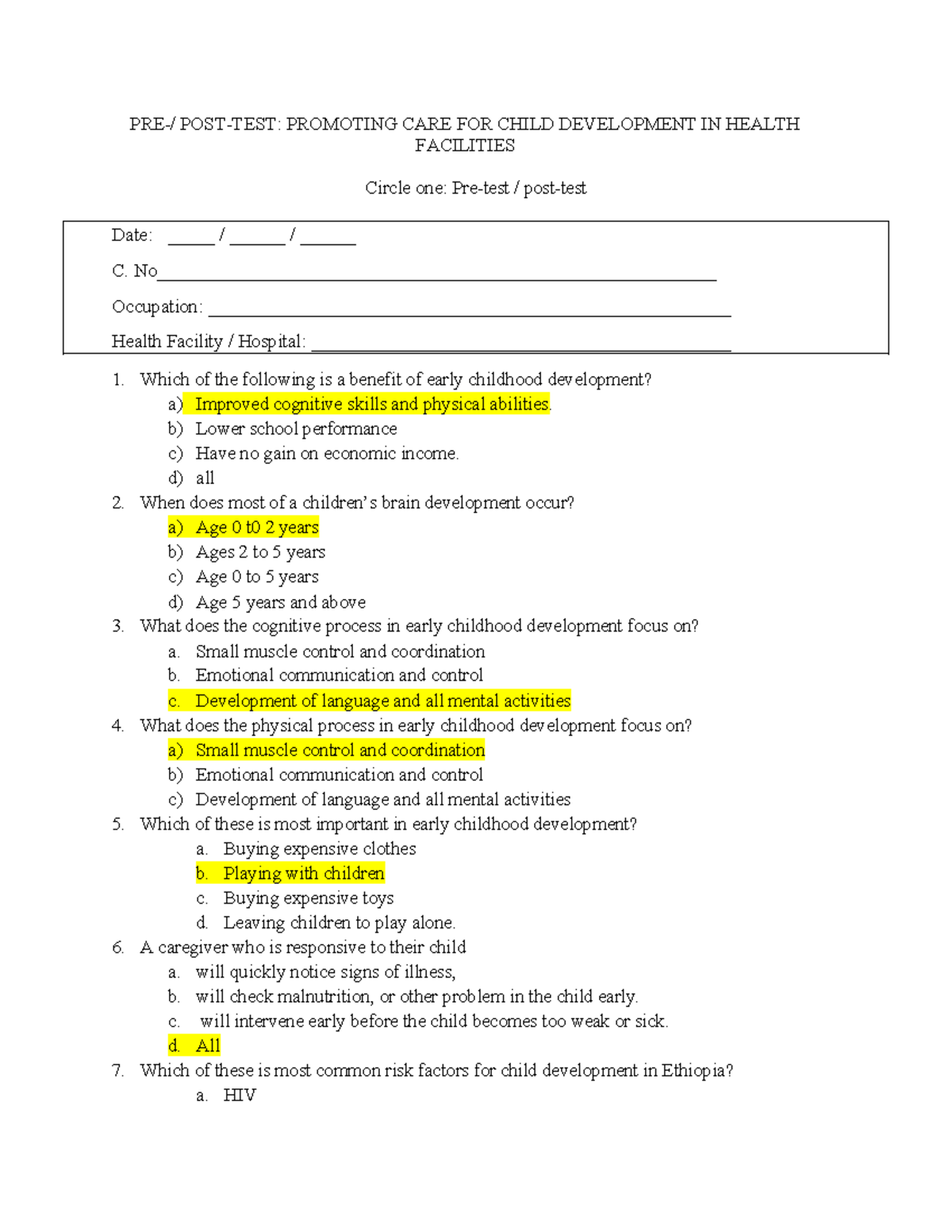Pre post test ECD agerie 1 - PRE-/ POST-TEST: PROMOTING CARE FOR CHILD ...