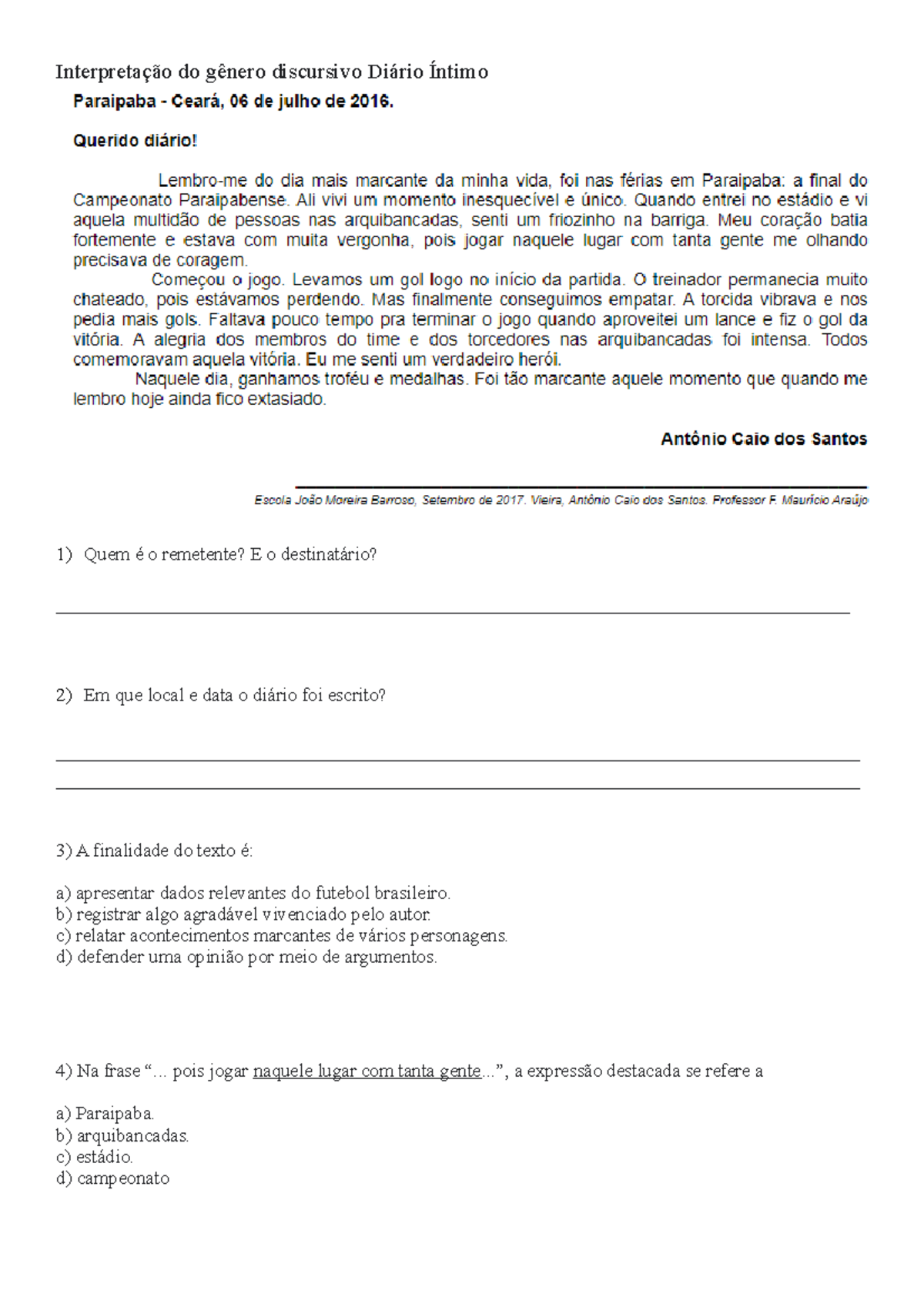 Atividade diário 6 ano 2 trimestre - Interpretação do gênero discursivo ...