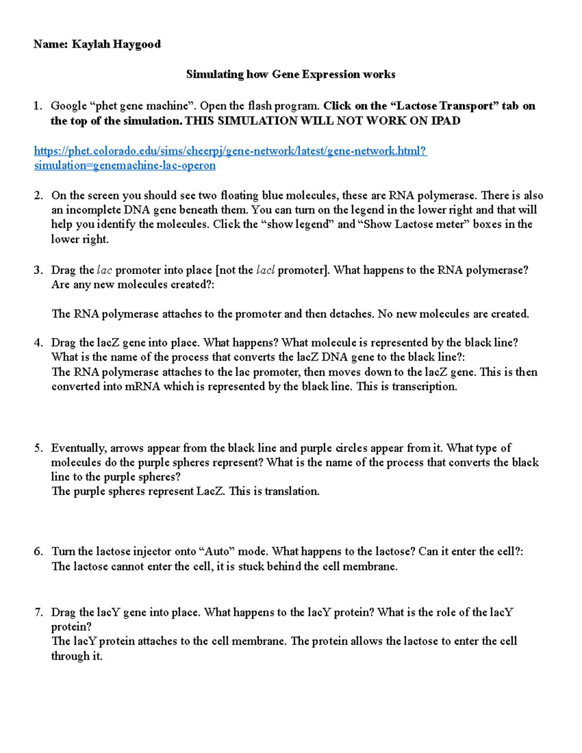Lac operon WS - Name: Kaylah Haygood Simulating how Gene Expression ...
