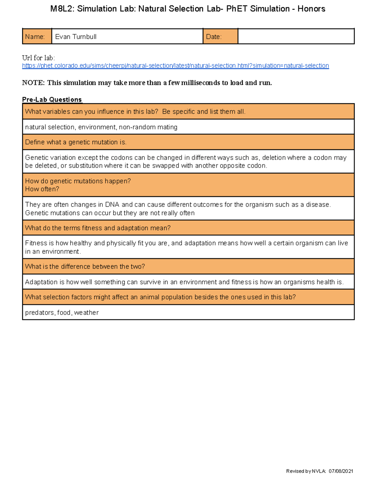 Copy of M8L2 Simulation Lab Natural Selection - Honors - Name: Evan ...