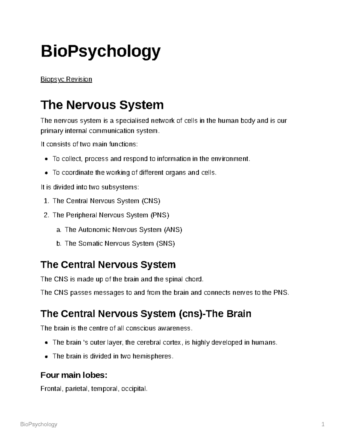 Biopsychology - BioPsychology Biopsyc Revision The Nervous System The ...