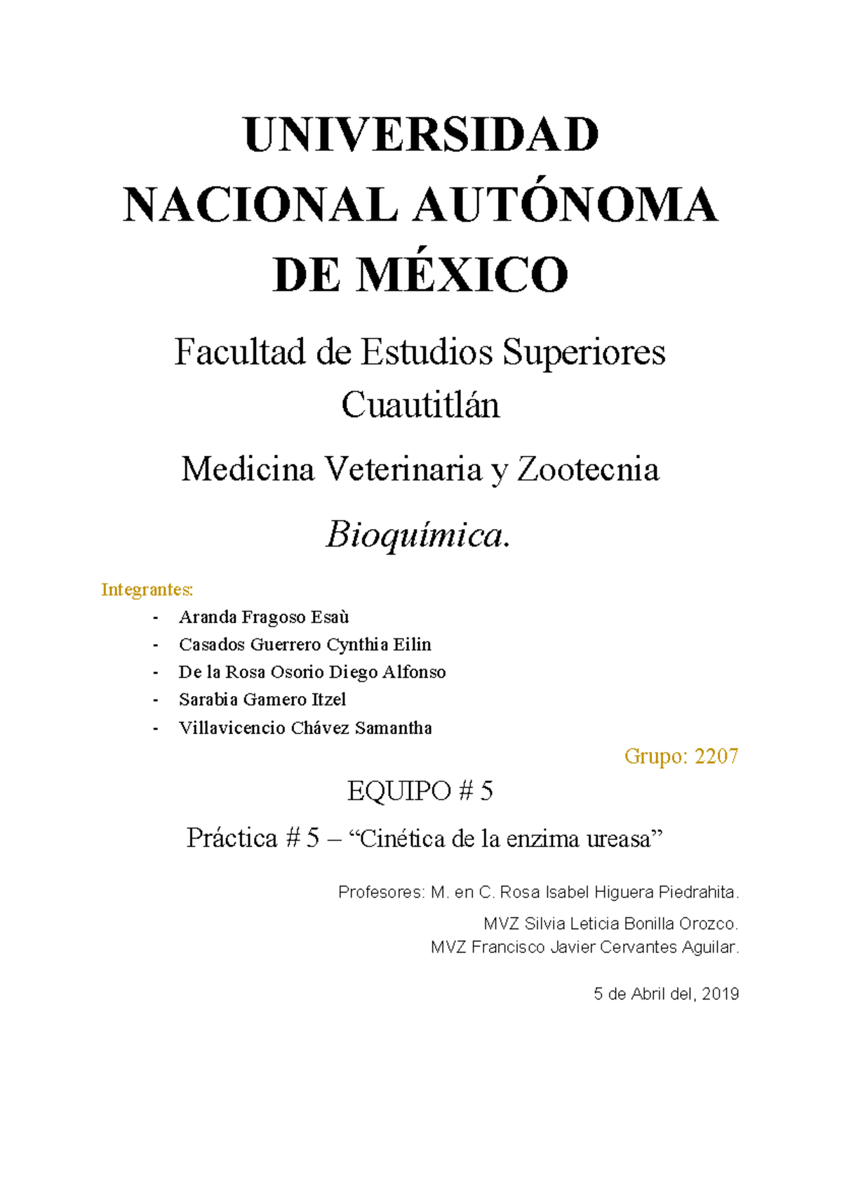 Practica 5 CINÉTICA DE LA ENZIMA UREASA - UNIVERSIDAD NACIONAL AUTÓNOMA ...