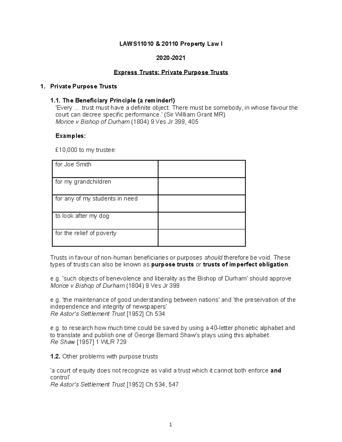 2.0 - Express Trusts - Private Purpose Trusts Handout - LAWS11010 ...