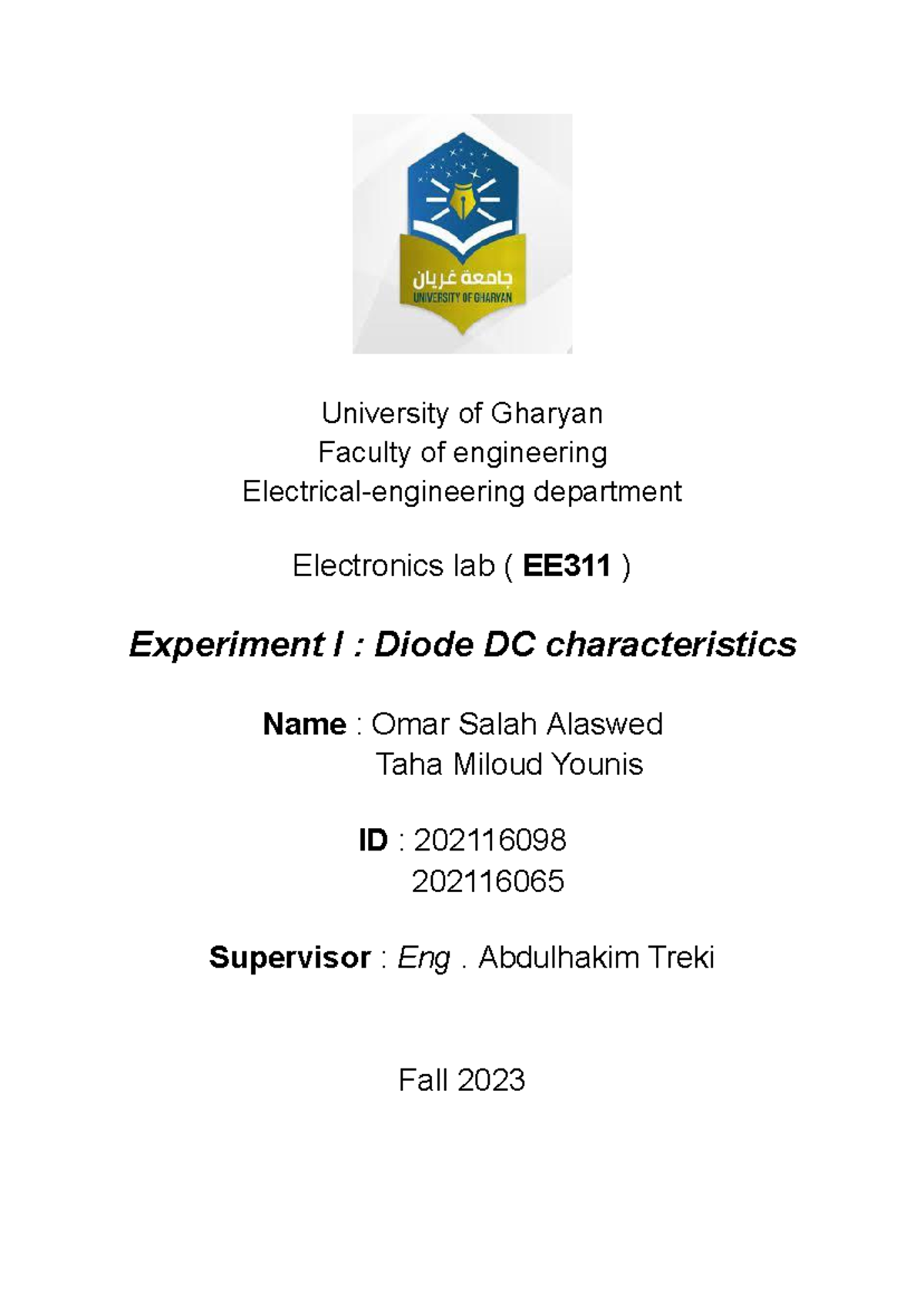 EE311 Exp I ; Diode DC characteristic - University of Gharyan Faculty ...