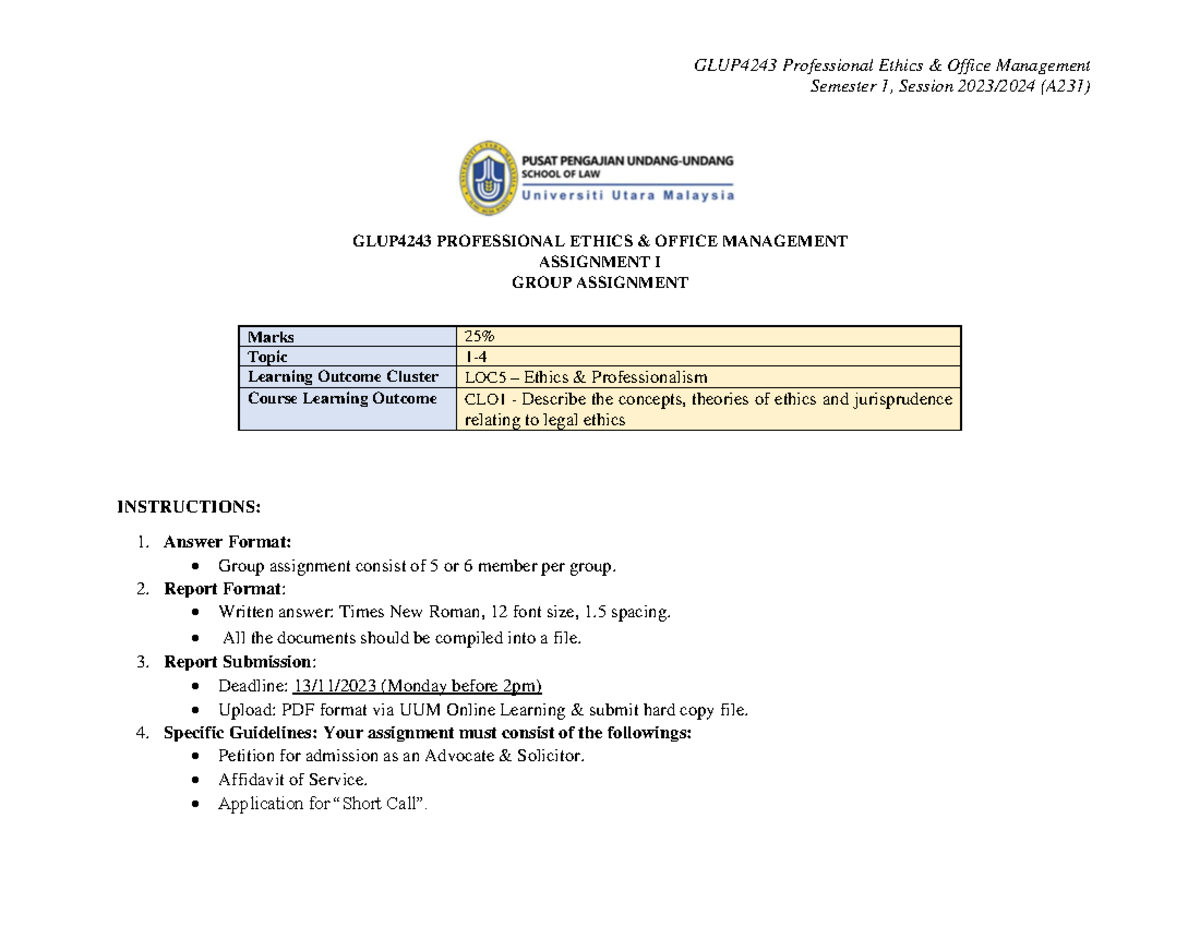 A231 Assignment 1 (FILE) - GLUP4243 Professional Ethics & Office Management Semester 1, Session ...