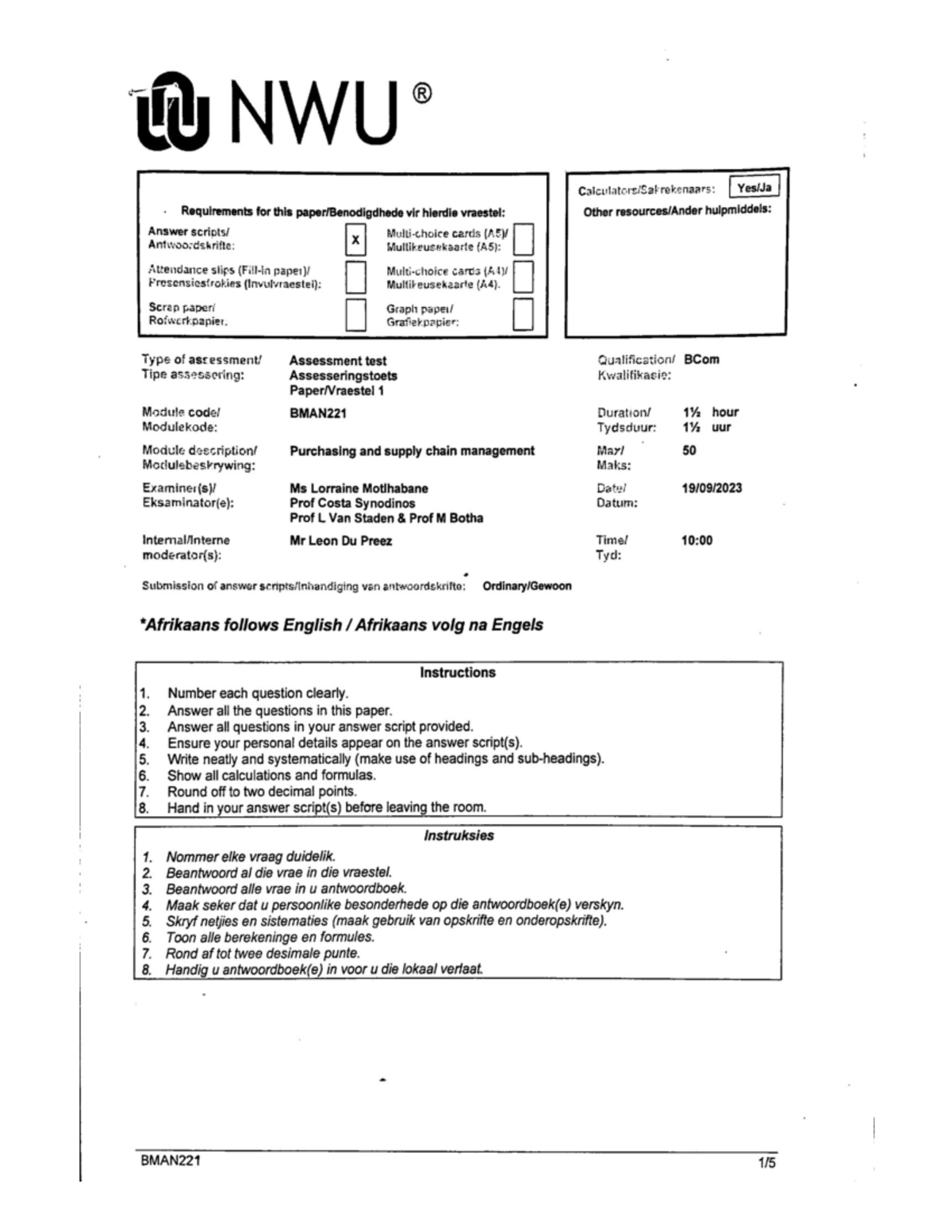 BMAN 221 Semester Test 2023 - R LU NWU Requirements for this vir ...
