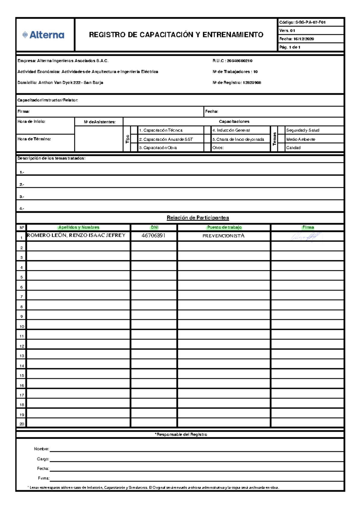 Formato Registro DE Capacitacion Y Entrenamiento - REGISTRO DE CAPACITACIÓN Y ENTRENAMIENTO ...