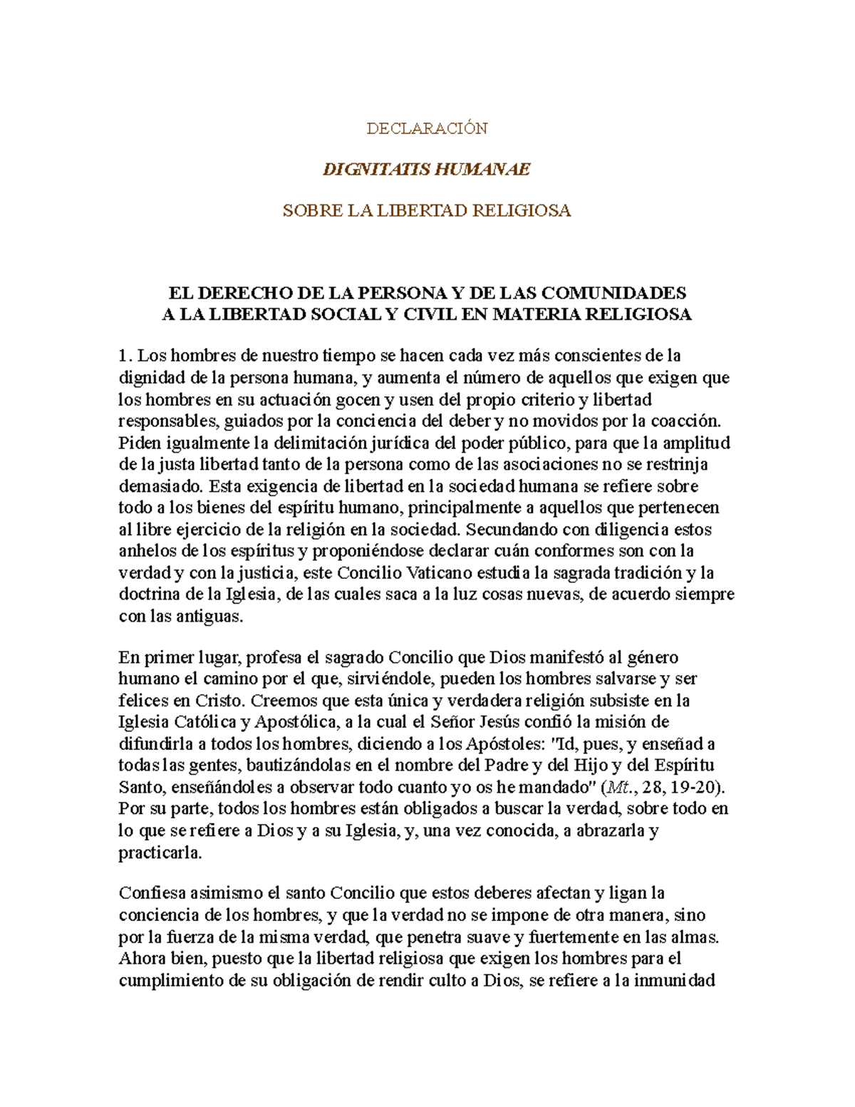 Declaración Dignitatis Humanae sobre la libertad religiosa ...