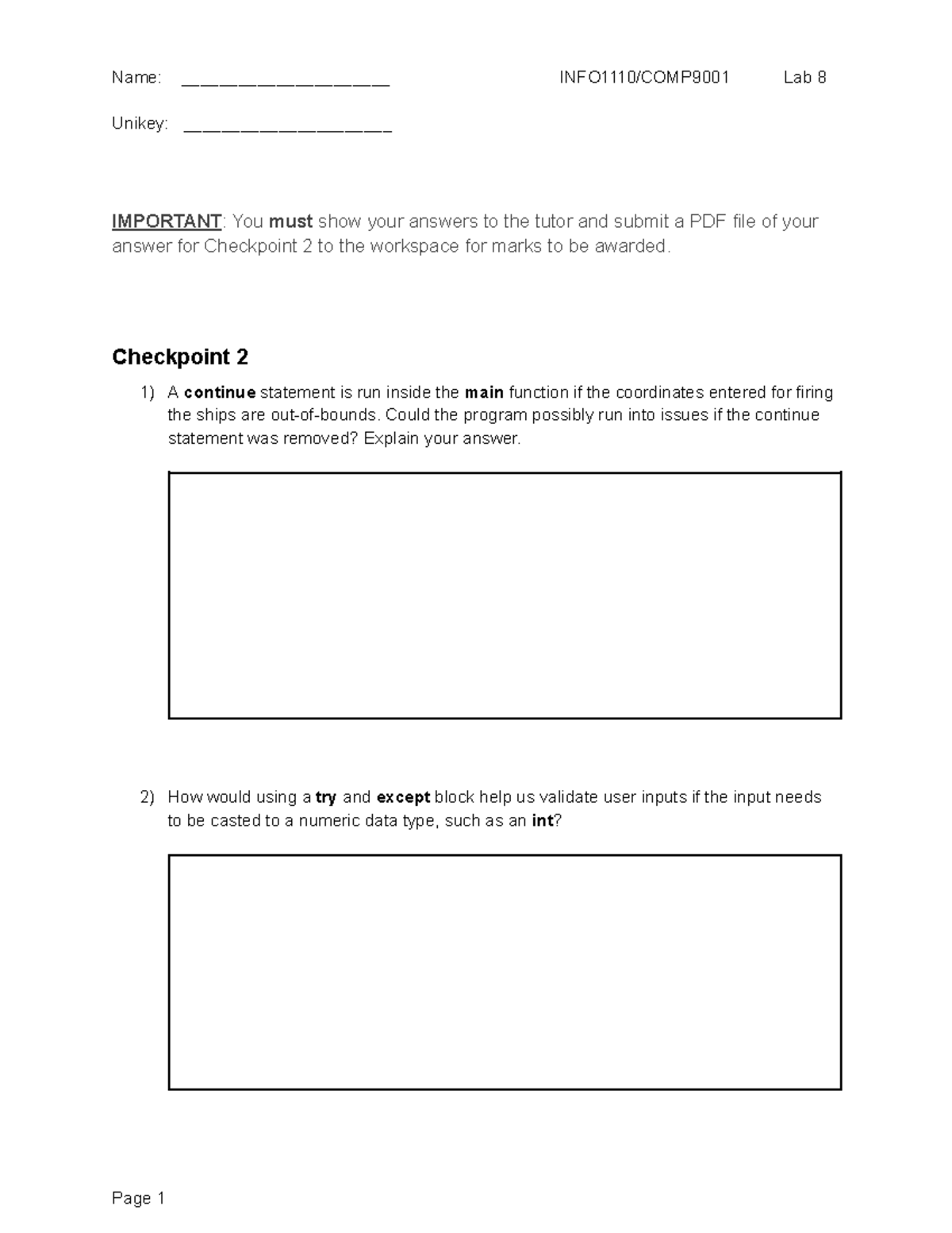 Lab 8 - Checkpoint 2 - lab work - Name: ______________________ INFO1110 ...