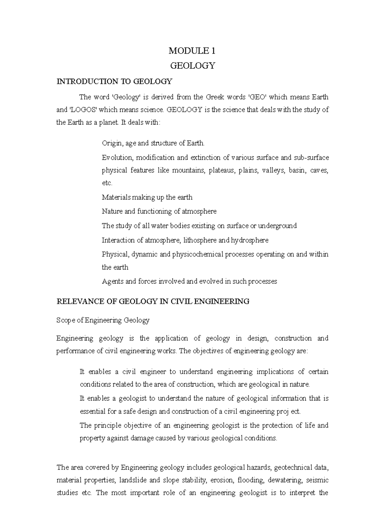 M1 - Relevance of geology in Civil Engineering. Subdivisions of Geology ...