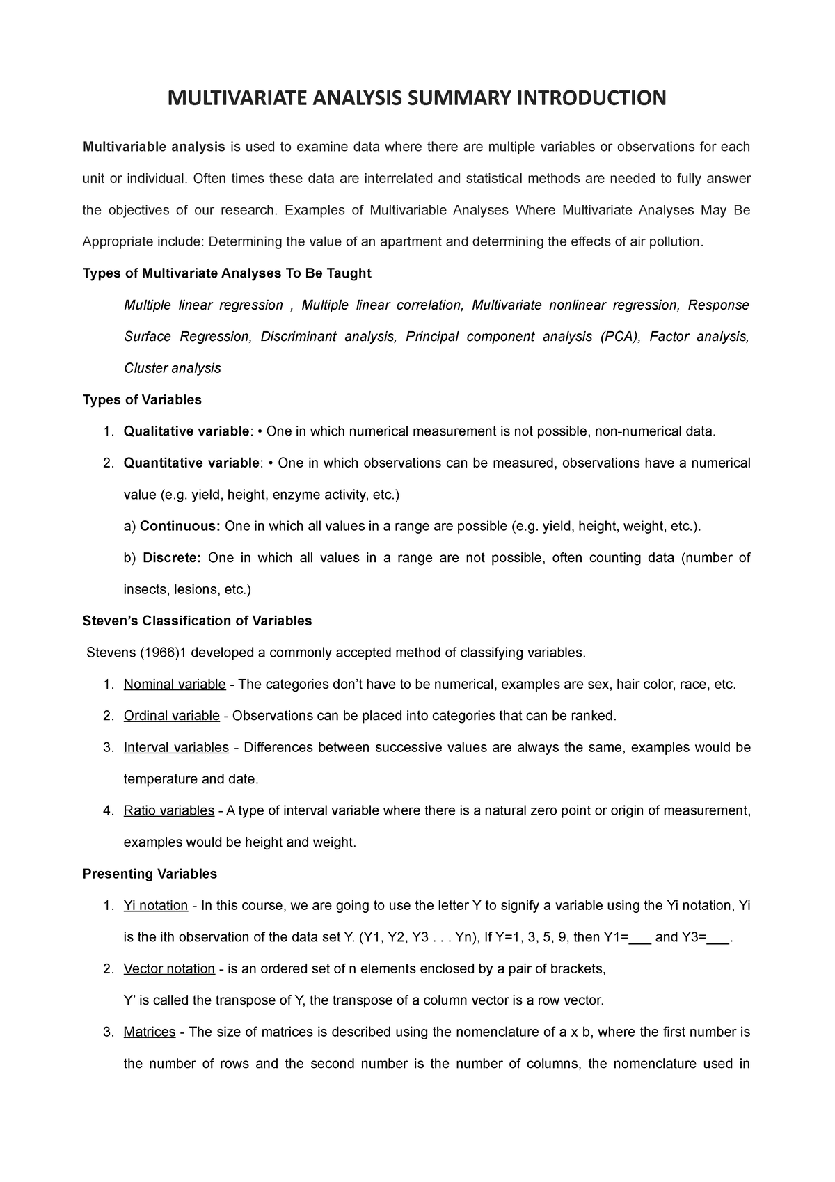 Applied Multivariate Analysis Summary Multivariate Analysis Summary