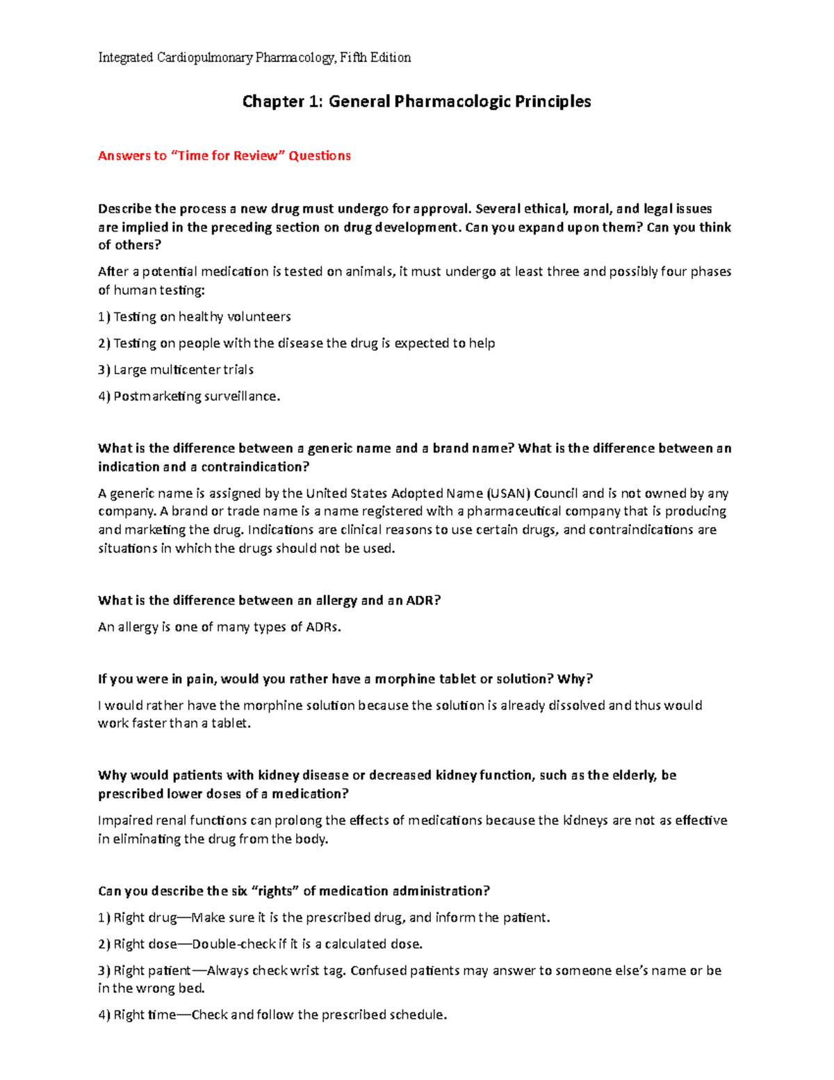 Chapter 1-Answers - Integrated Cardiopulmonary Pharmacology, Fifth ...