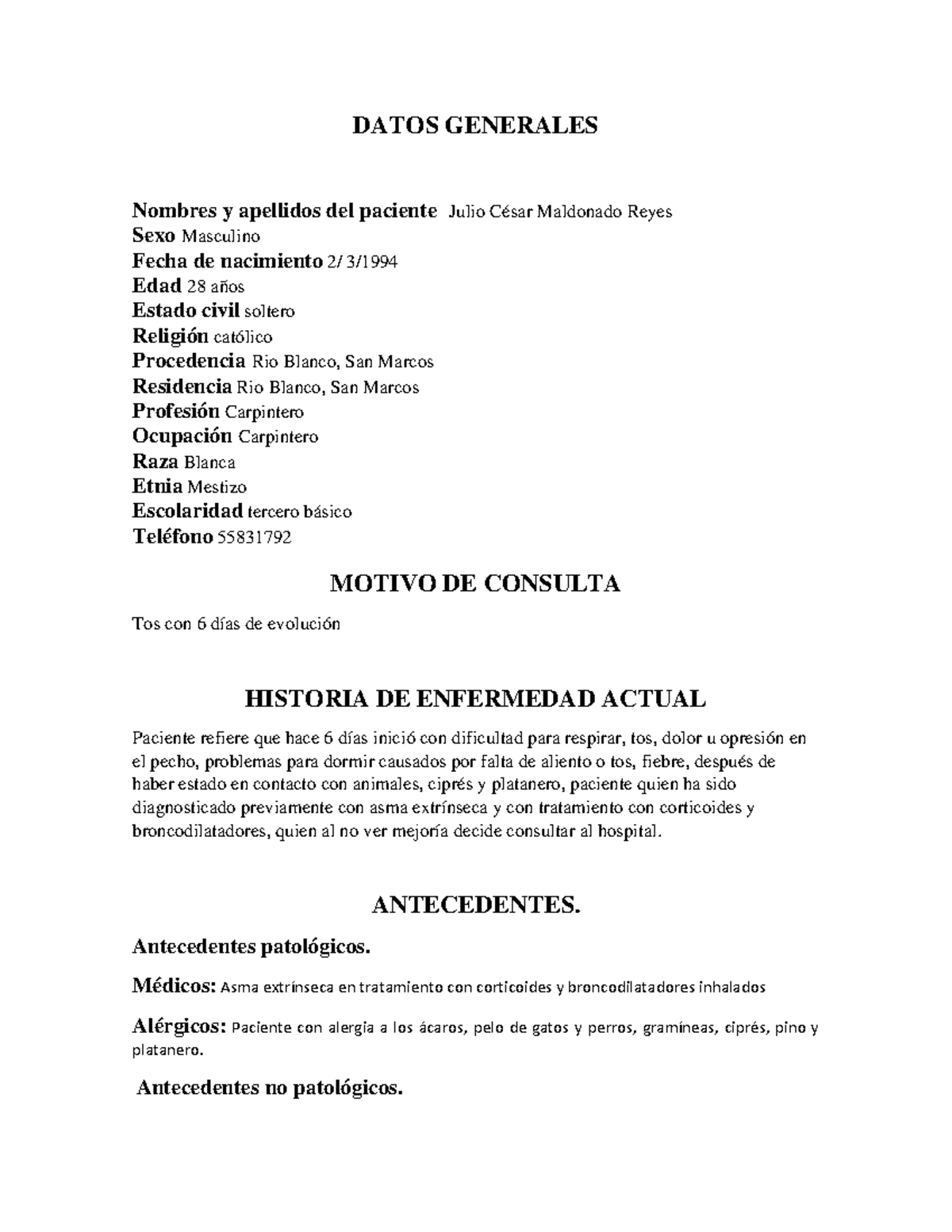 Historia Clinica - DATOS GENERALES Nombres y apellidos del paciente ...
