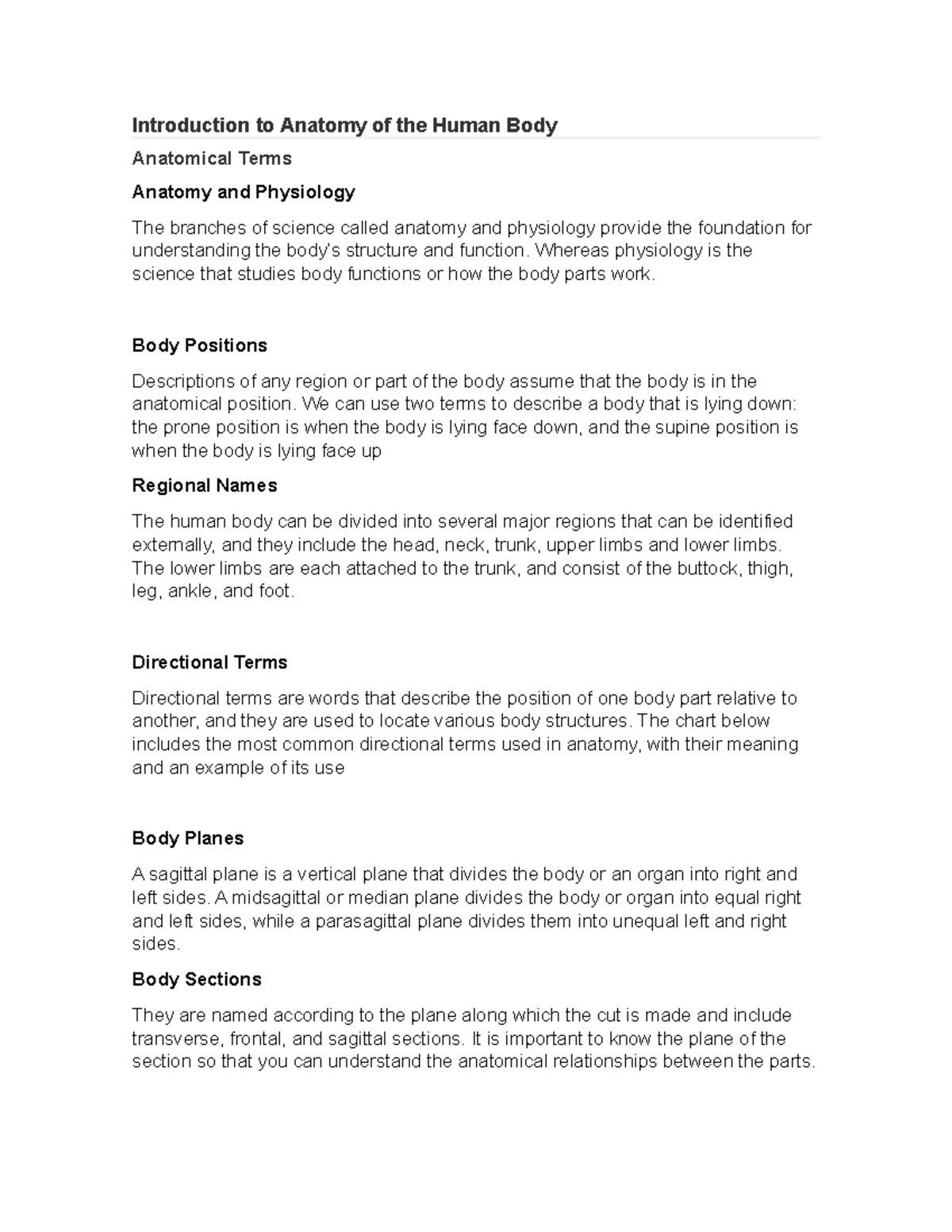 Topic 1 hbc - Introduction to Anatomy of the Human Body Anatomical ...