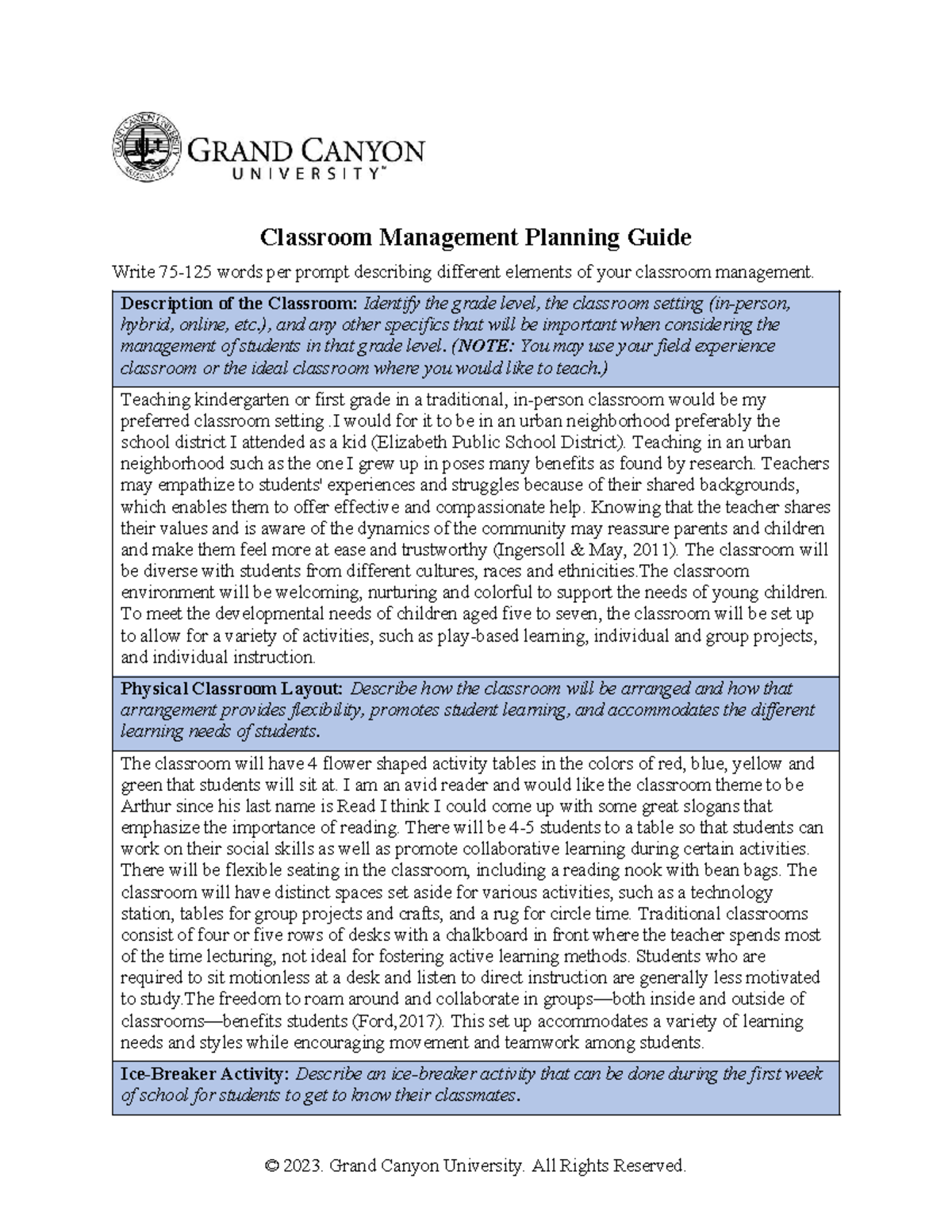 Classroom Management Planning Guide -2 - Classroom Management Planning ...