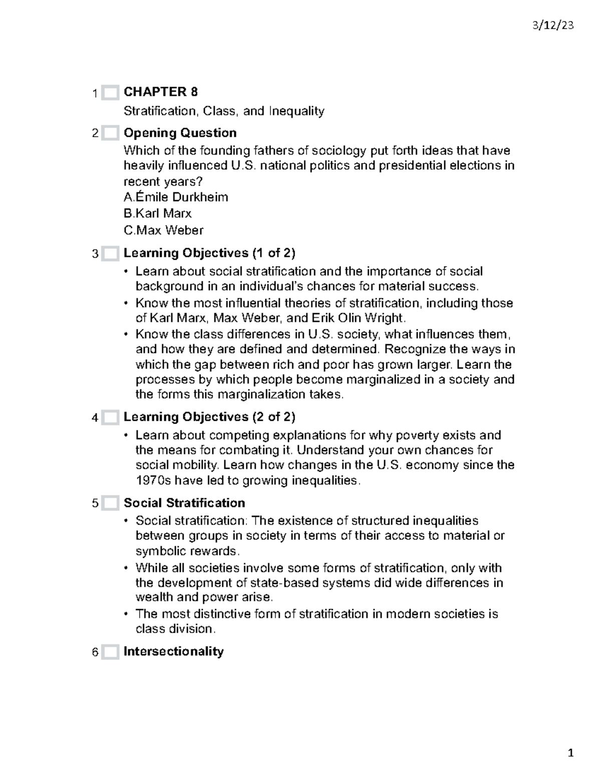 Chapter 8 Notes - n/a - 3/12/ 1 CHAPTER 8 Stratification, Class, and ...