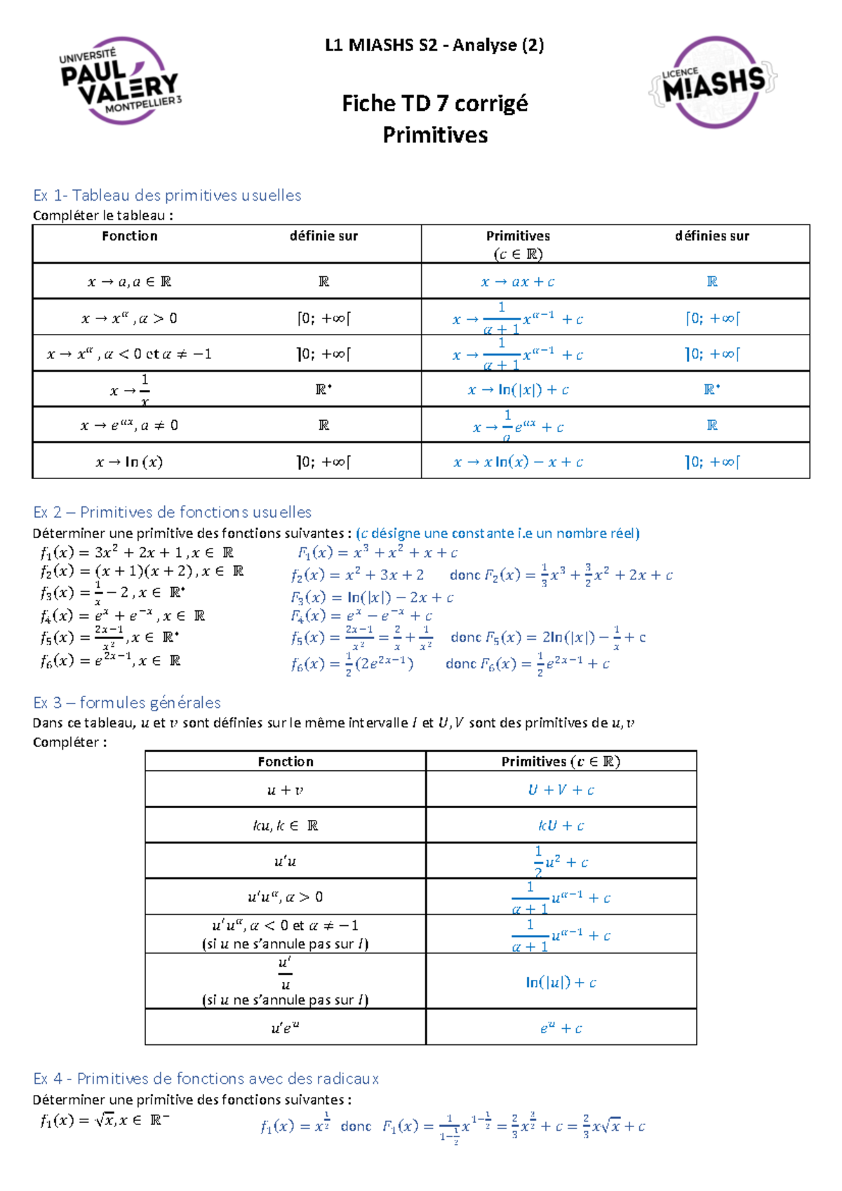 ANA2-TD7corrige - td7 corrigé - L1 MIASHS S 2 - Analyse ( 2 ) Fiche TD 7 corrigé Primitives Ex 1 ...