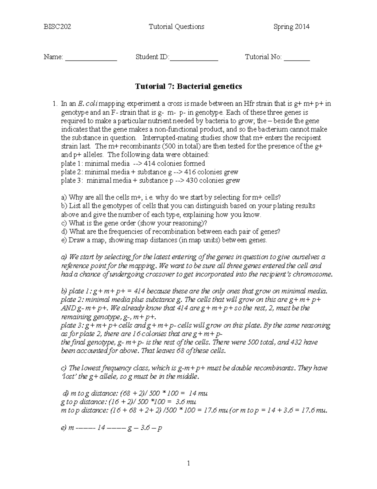 Quiz 7 2014, questions and answers - BISC202 Name ...