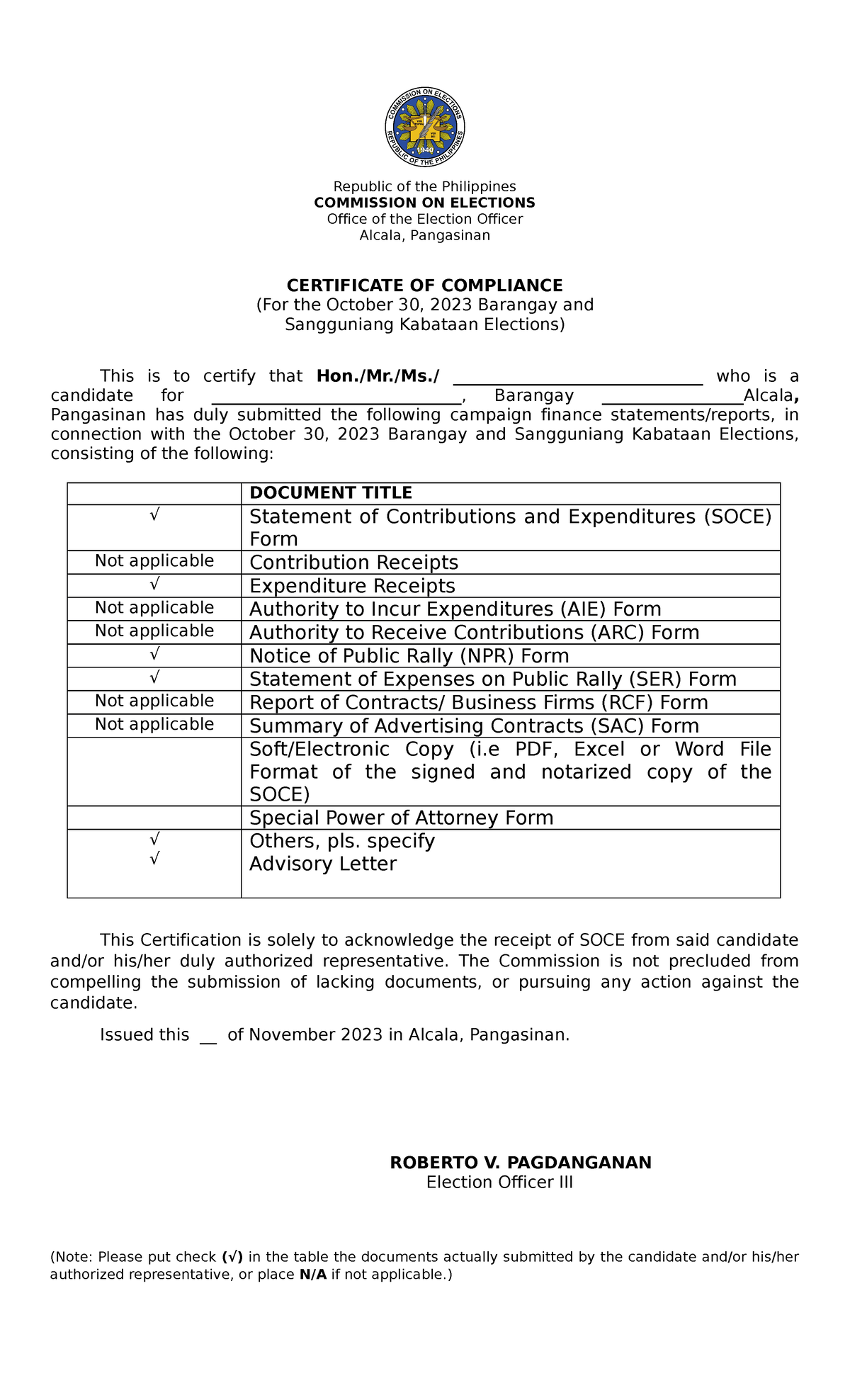 For DILG Certificate of Compliance Form - Republic of the Philippines ...