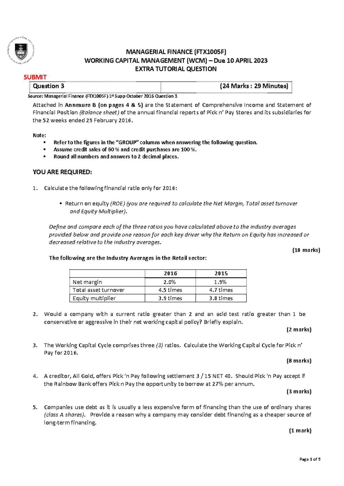 2023F FTX1005F WCM Extra question - MANAGERIAL FINANCE (FTX1005F ...