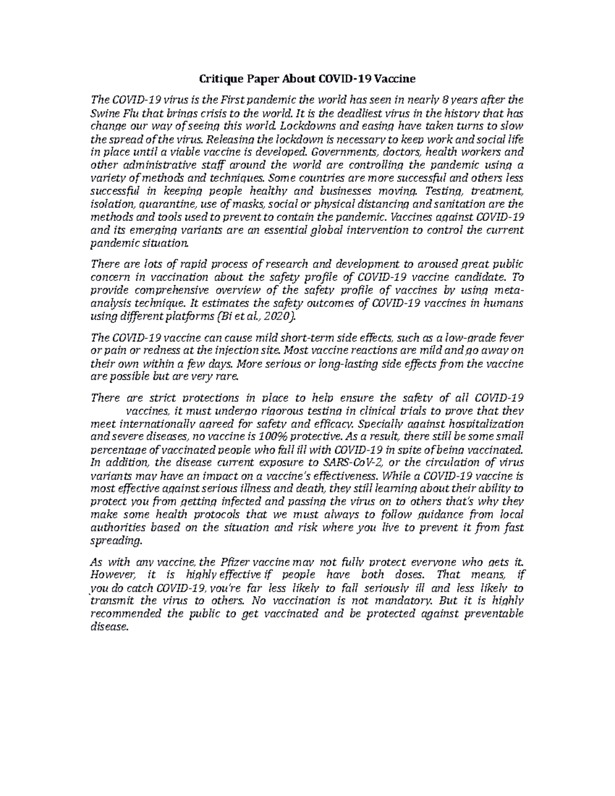 Critique Paper About Covid 19 Vaccine - Creative Writing - Studocu
