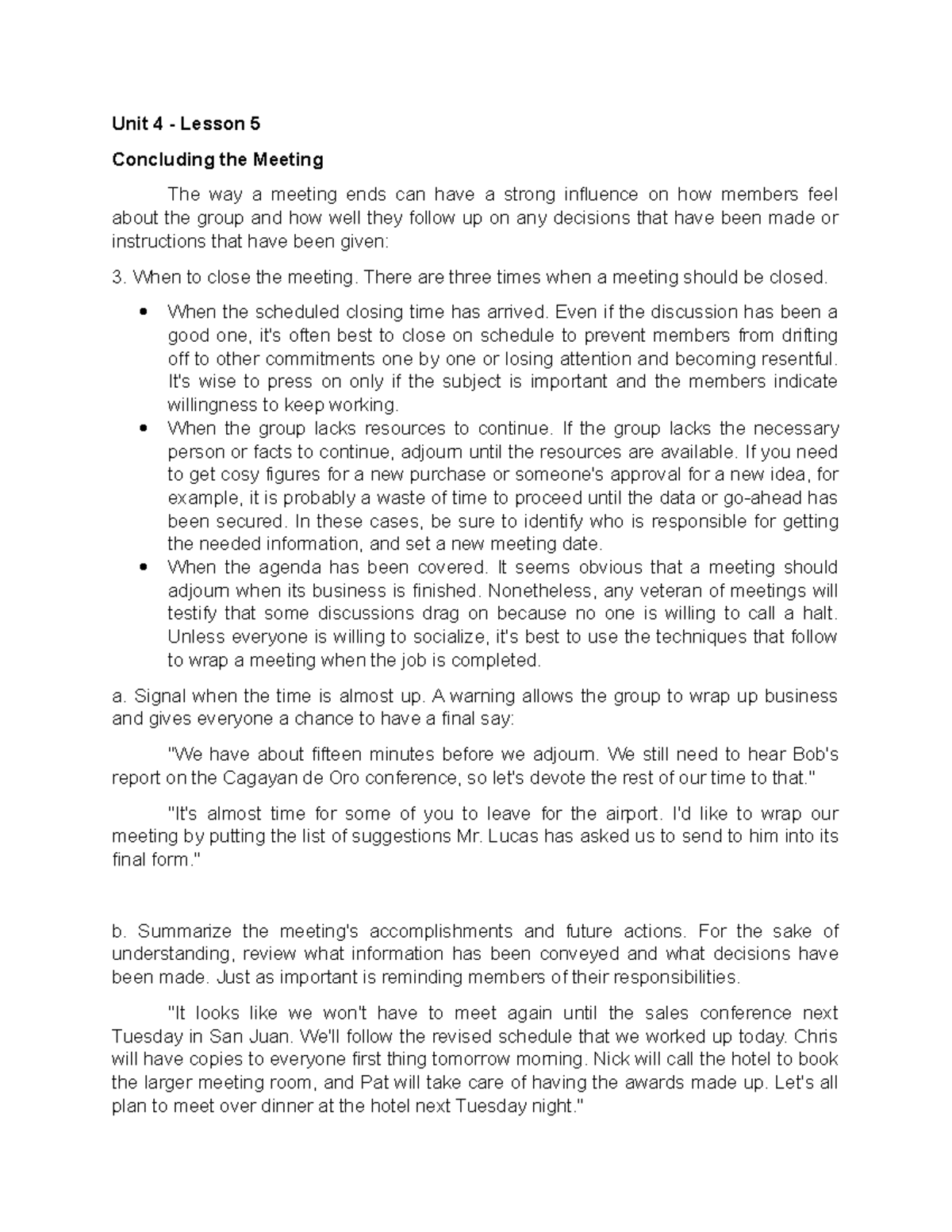 Concluding the Meeting - Unit 4 - Lesson 5 Concluding the Meeting The ...