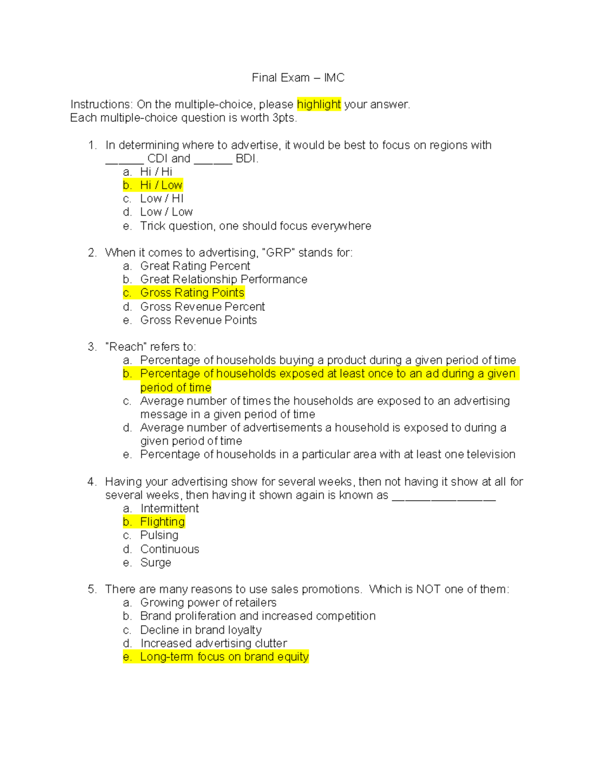 Final Exam Study Guide - Final Exam – IMC Instructions: On the multiple ...