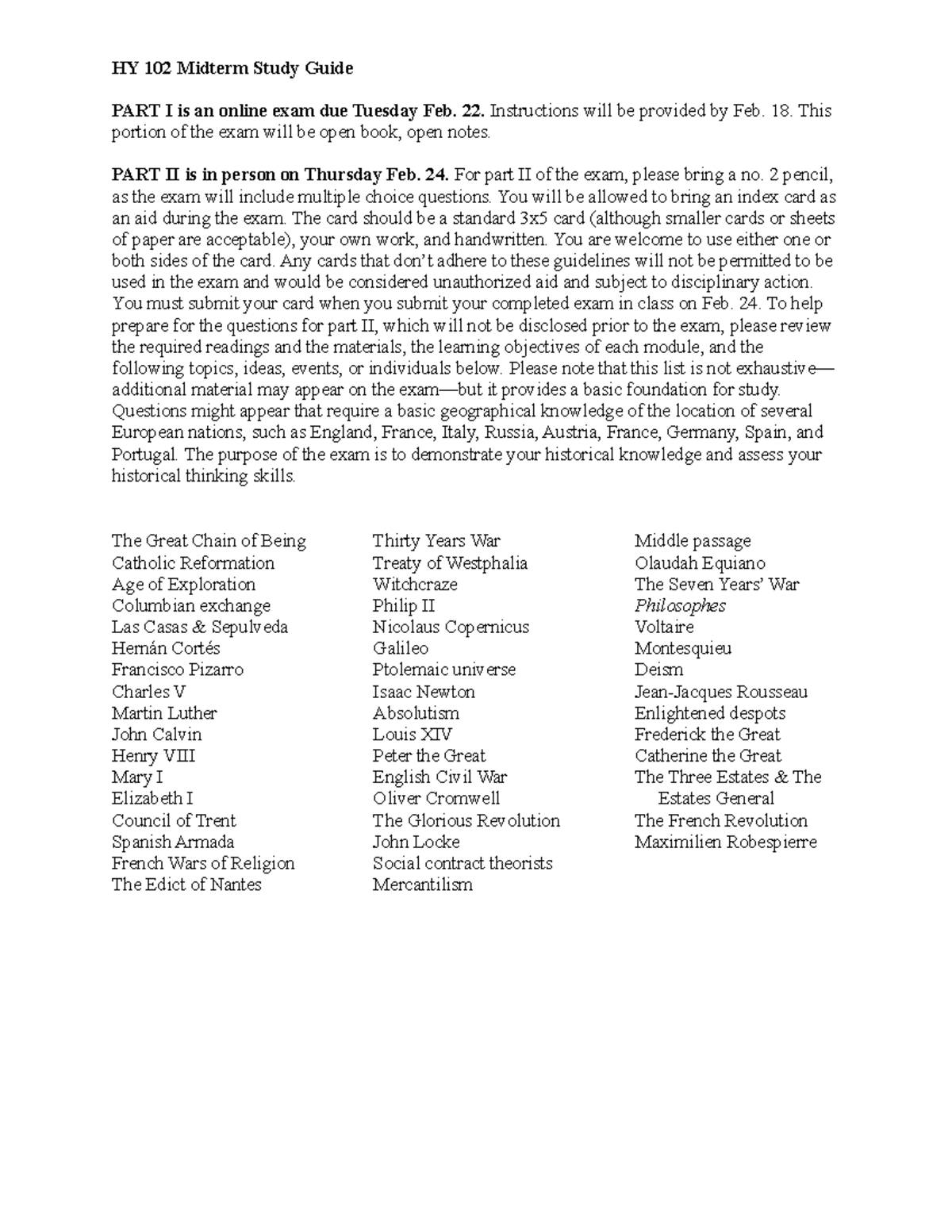HY 102 midterm study guide spring 2022 - HY 102 Midterm Study Guide ...